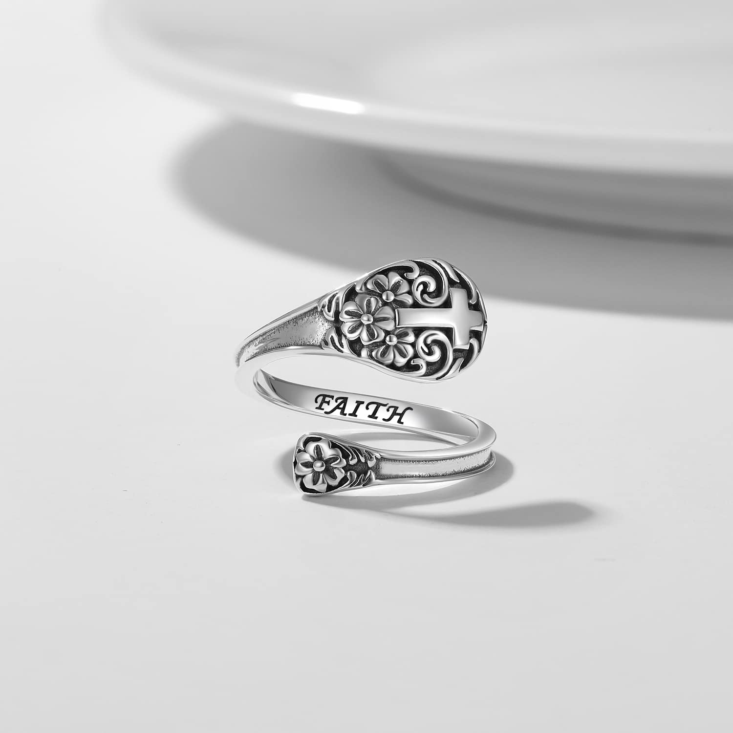 AMBCESSER Sterling Silver Cross Spoon Ring - Oxidized Vintage Flower Faith Rings Adjustable Size Inspirational Jewelry