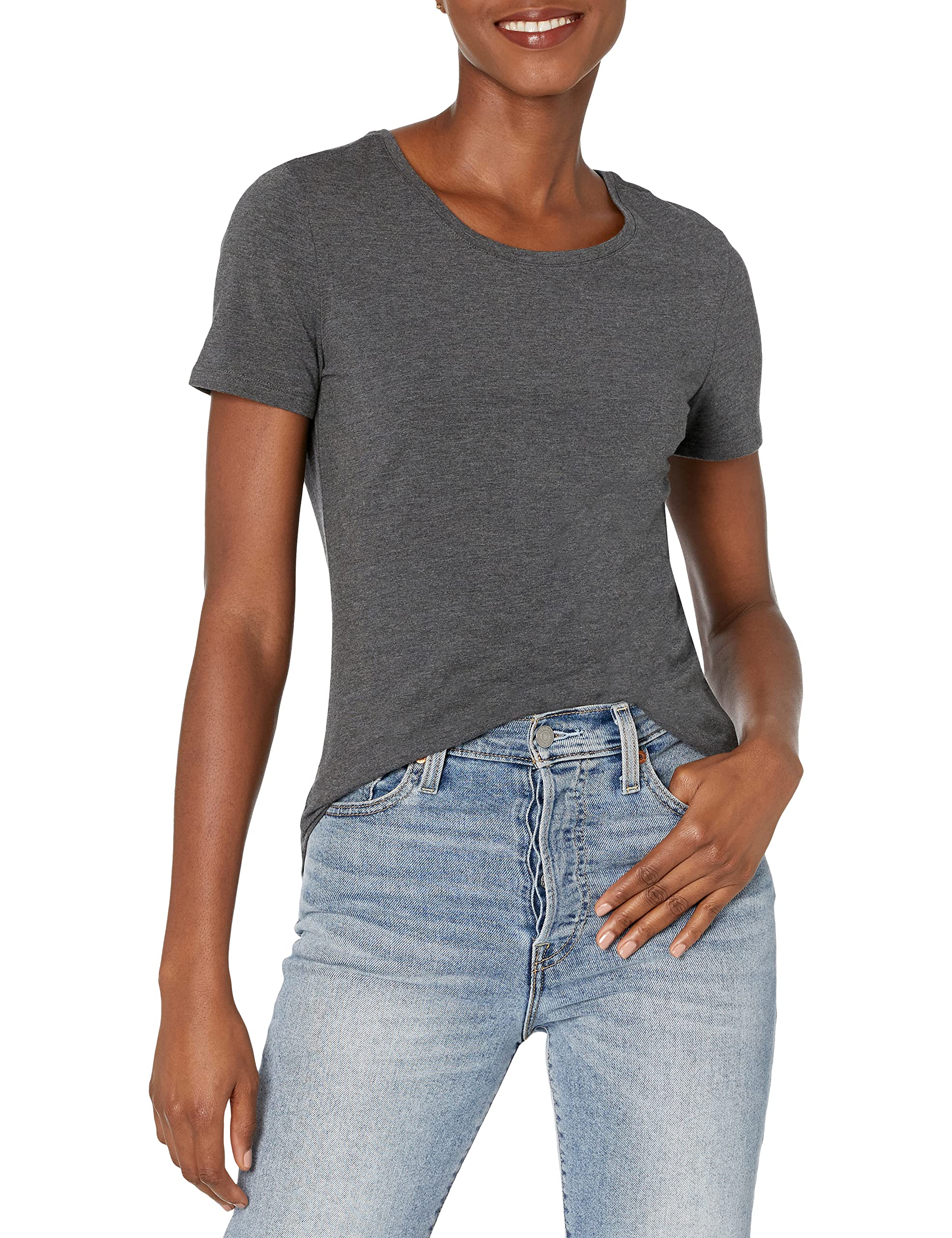 Amazon Essentials Women's Classic-Fit Short-Sleeve Crewneck T-Shirt, Pack of 2, Charcoal Heather/Light Grey Heather, Large