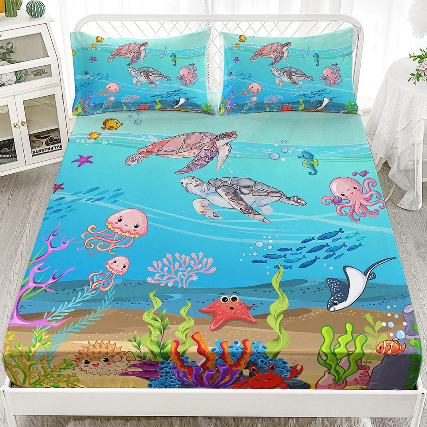 XYNHML Sea Turtle Fitted Sheet Tropical Fish Marine Life Bed Set Reptile Sea Animals Wildlife Bed Cover for Teens Adult Includes 1 Fitted Sheet,2 Pillowcases