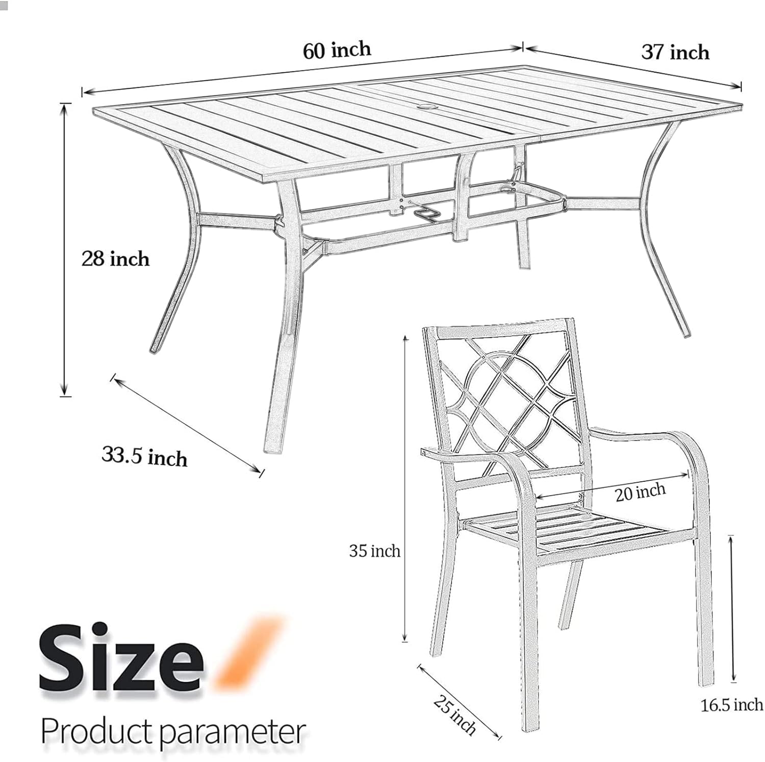 Patiomore 7 Piece Outdoor Patio Dining Set, Metal Furniture Set Rectangular Slatted Dining Table with Umbrella Holes & 6 Stackable Backyard Garden Chairs