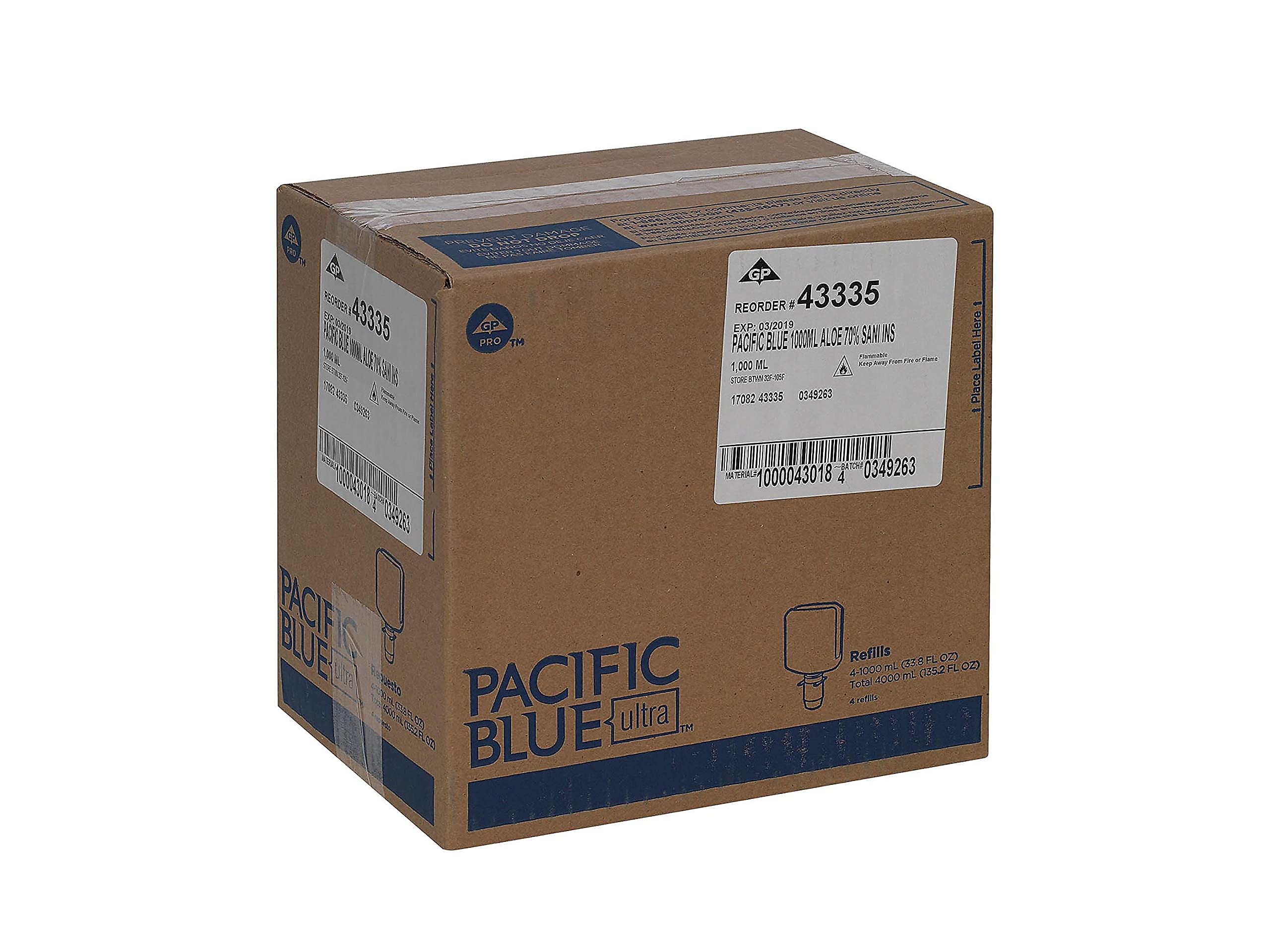 Georgia-Pacific Professional 43335 Pacific Blue Ultra Soap/Sanitizer Dispenser Refill, Unscented, 1000mL, 4/CT