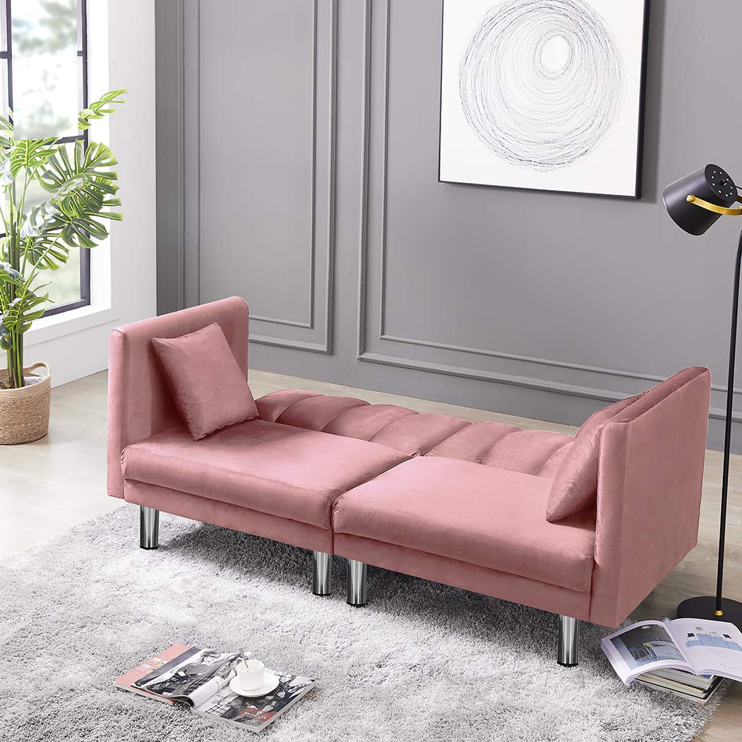 SLEERWAY Velvet Futon Sofa Bed with Two Pillows, Modern Sleeper Sofa Couch with 3 Adjustable Angles, Convertible Small Loveseat for Living Room, Pink