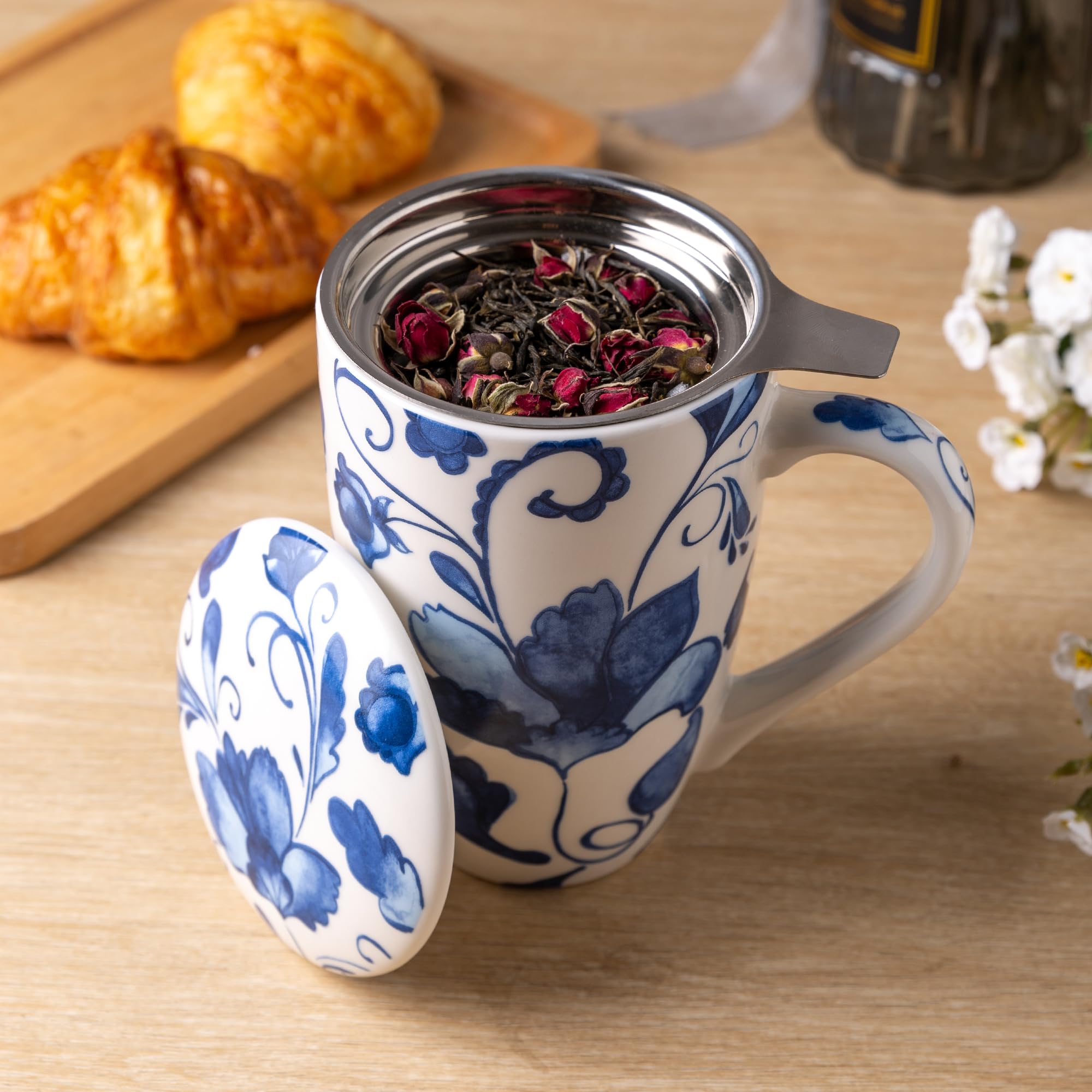 GBHOME Tea Mug with Infuser and Lid, 18 Ounce Large Ceramic Loose Leaf Tea Cup, Microwave, Dishwasher Safe Tea Steeping Mug, Pefect Gift For Tea Lover.