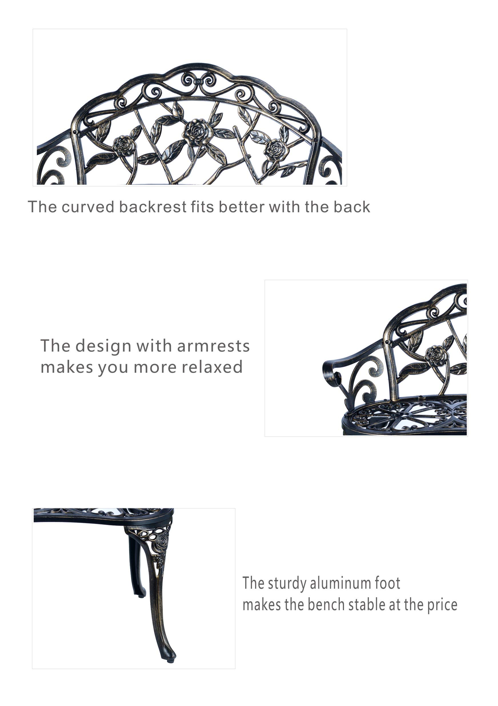 C/G Patio Balcony Bench Double Seat, Anti-Rust Cast Aluminum Patio Garden Bench for Park Yard Outdoor Furniture Copper