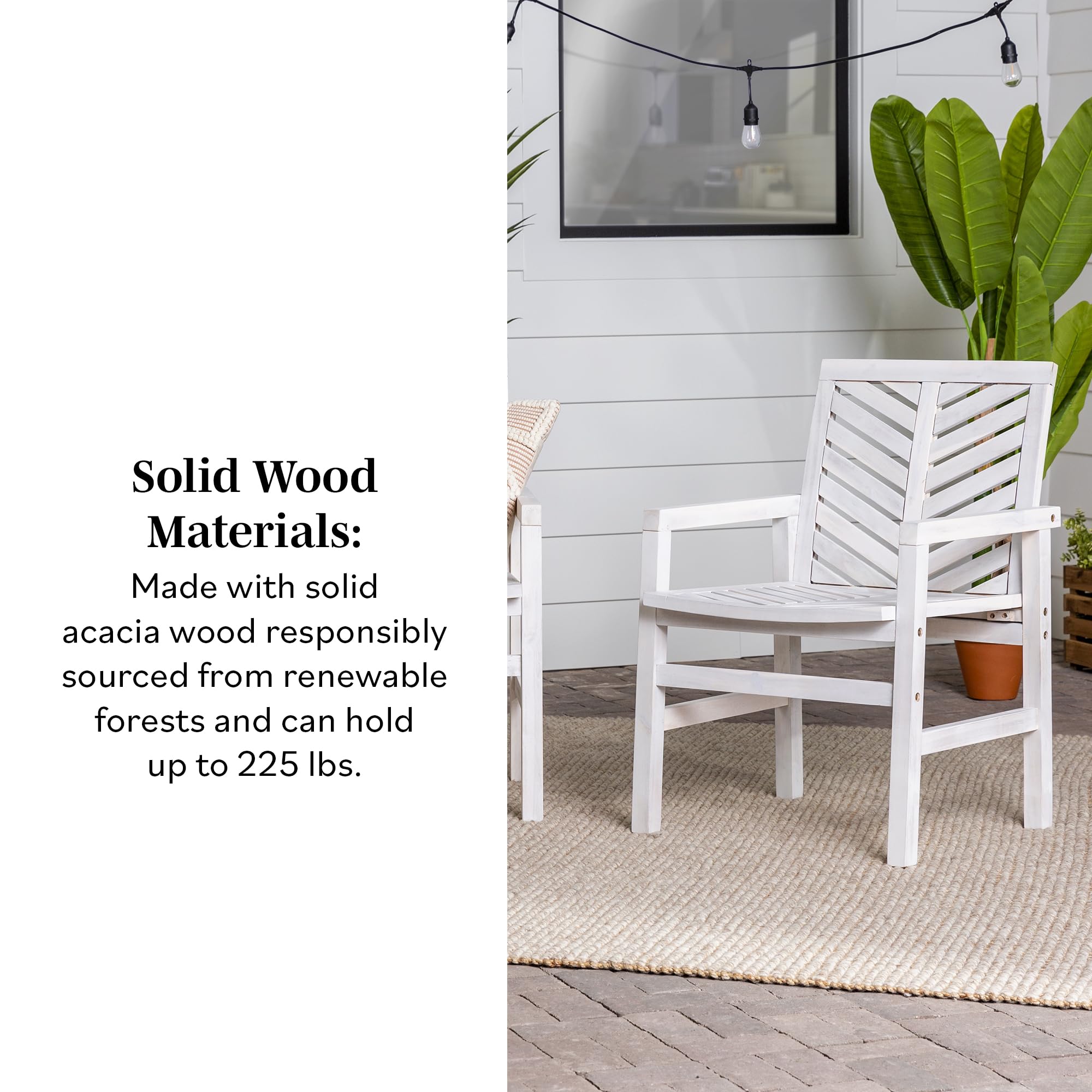 Walker Edison AZWC2VINWW Avalon Chevron Solid Acacia Wood Outdoor Chair, White Wash