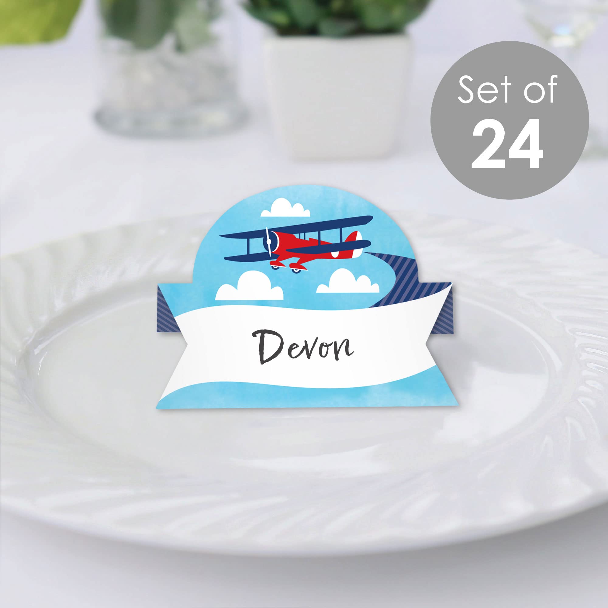 Big Dot of Happiness Taking Flight - Airplane - Vintage Plane Baby Shower or Birthday Party Tent Buffet Card - Table Setting Name Place Cards - Set of 24