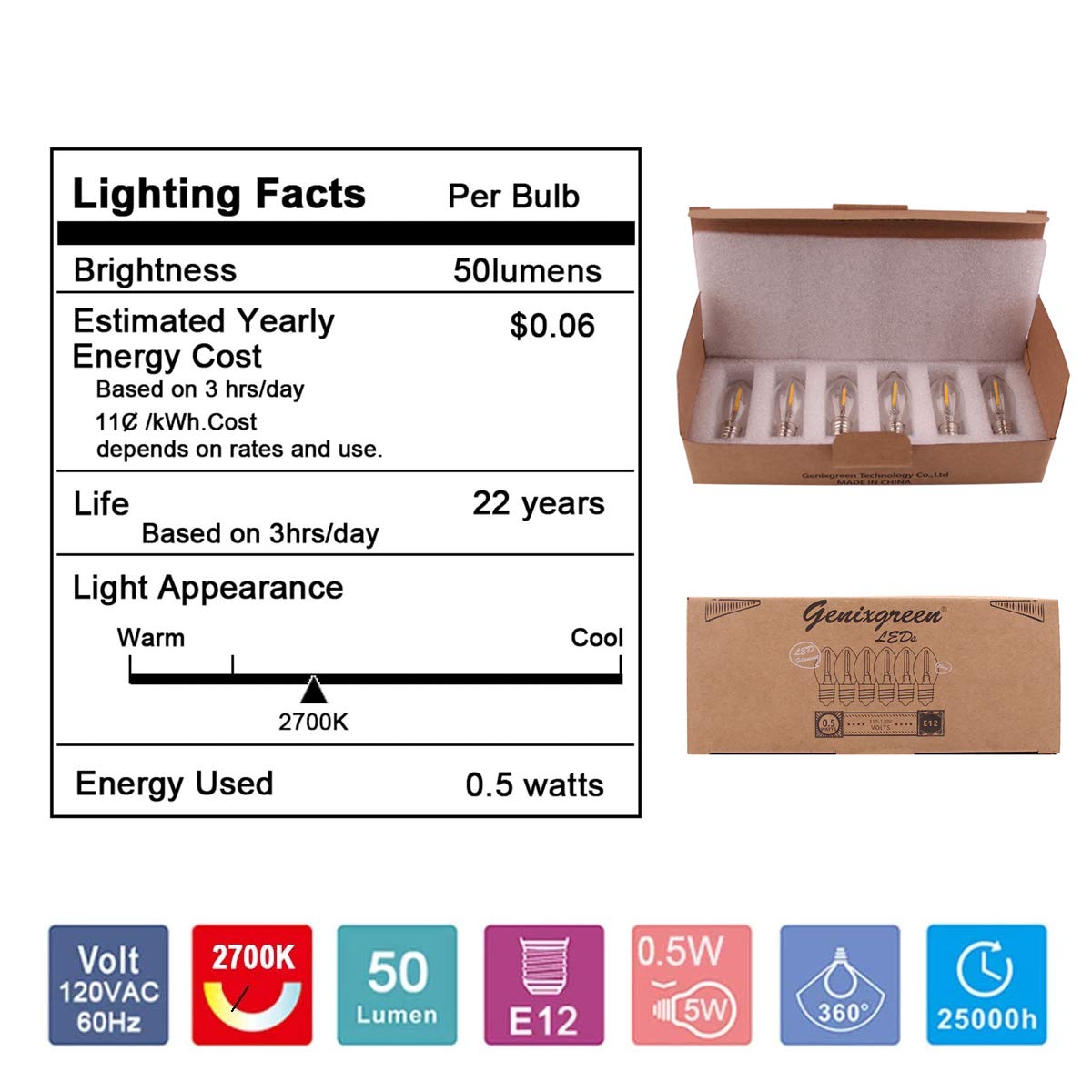 C7 LED Bulbs,0.5 Watts LED Filament Night Light Bulb Edison Style LED Sign Light E12 Candelabra Base Lamp Clear Glass 4W 5W 6W 7 Watts Equal Candle Bulbs Warm White 2700K for String Lights Pack of 6