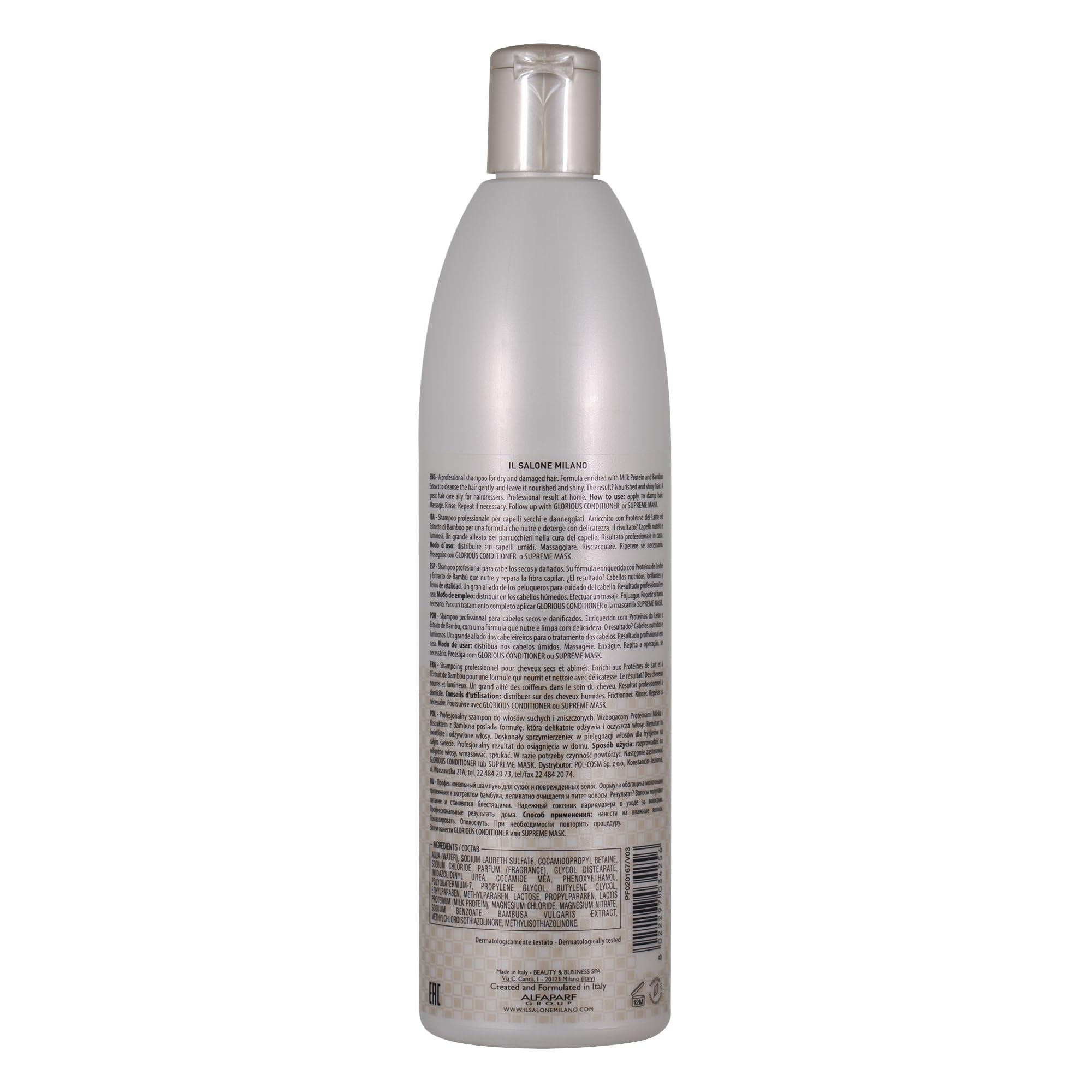 Il Salone Milano Professional Glorious Shampoo for Dry to Damaged Hair - Nourishes, Restores and Adds Shine - Premium Quality (16.91 Fl. Oz)