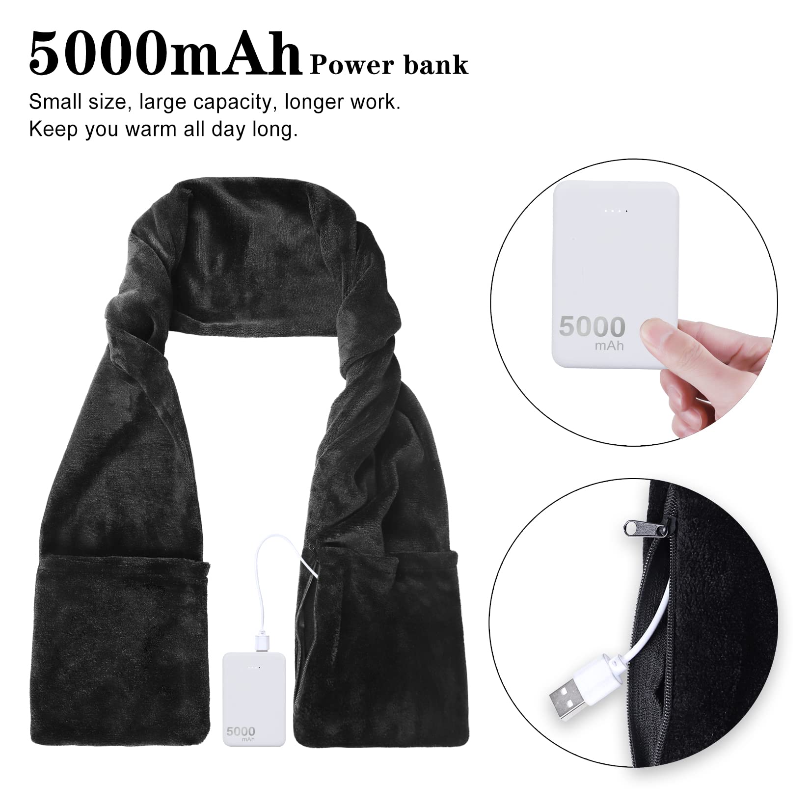 AK-SHIP Heated Scarf, USB Heated Shawl Electric Neck Warmer with Double Pockets Thermal Scarf Warming Mask and 5000mAh Power Bank [Black]