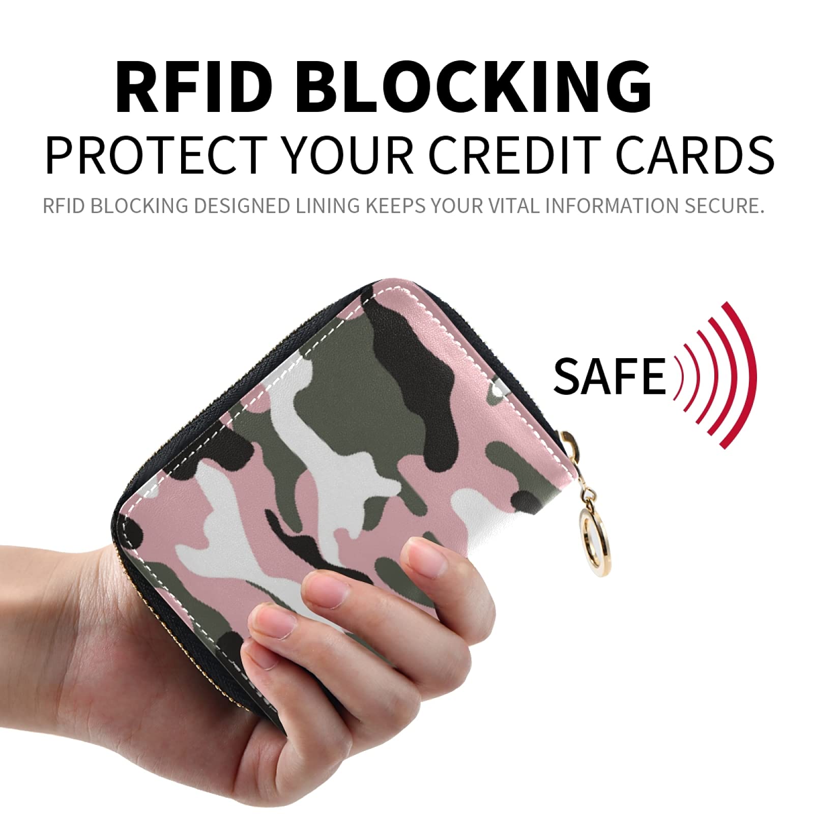 Camo Camouflage Pink Grey White Credit Card Coin wallet, RFID Blocking Compact Women Leather Card Holder, Key Change Organizer, Zipper Purse Clutch Pouch Pocket