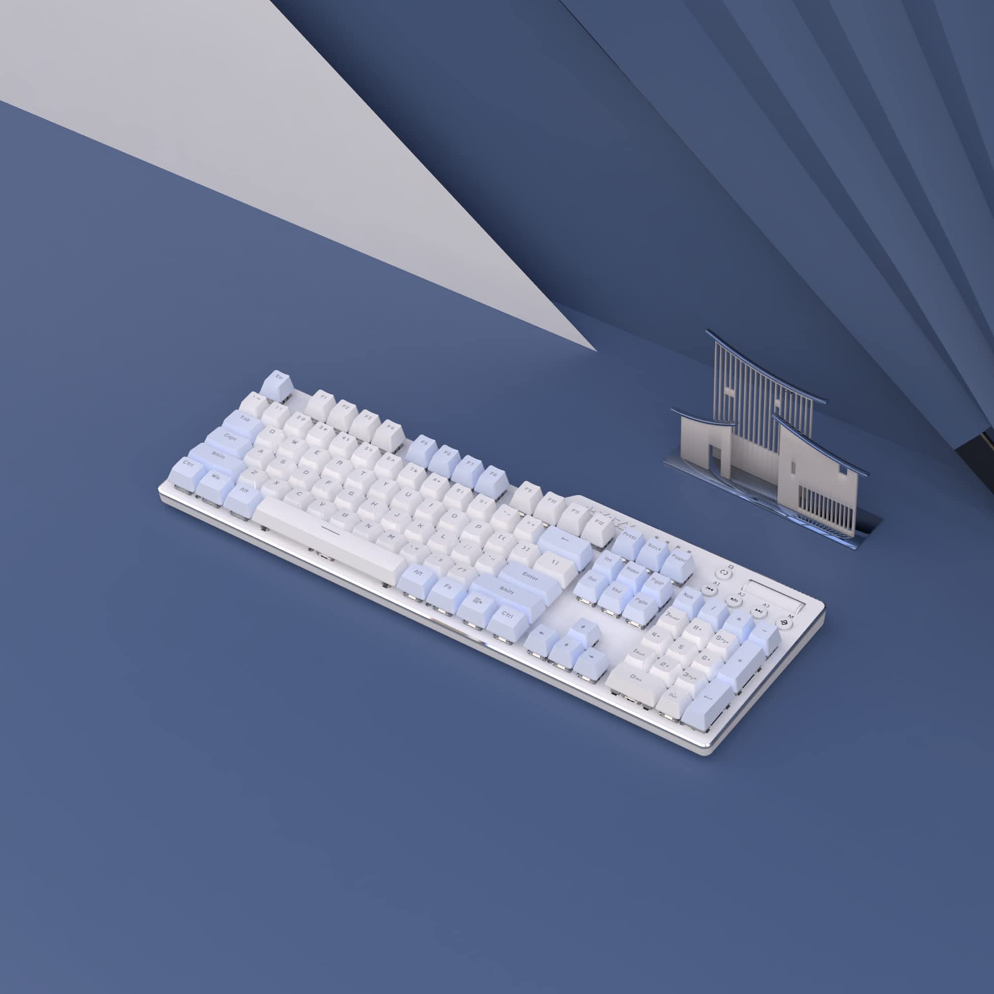 AK35I Hot-Swappable Wired Full-Size Mechanical Gaming Keyboard with Brown Switches, Blue-White Matching, Anti-Ghosting Multimedia Keys Roller, White Backlit, Programmable Macro, Aluminum White