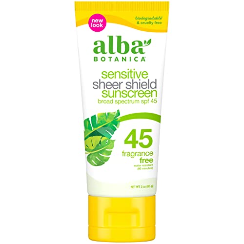 Alba Botanica Sensitive Sheer Shield Suncreen SPF 45, Fragrance Free, 3 Ounce (Packaging May Vary)