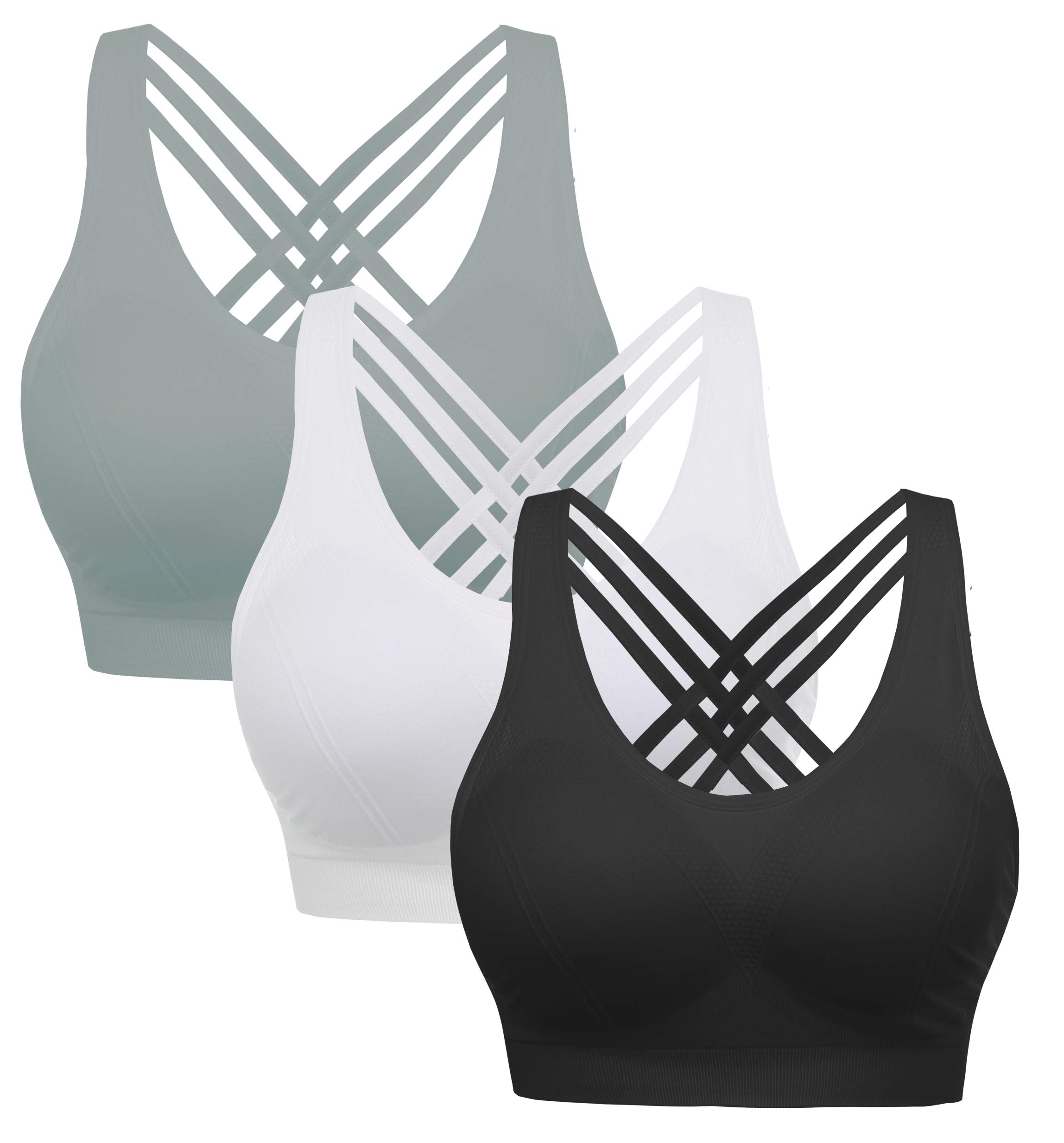 AKAMC Women's Removable Padded Sports Bras Medium Support Workout Yoga Bra 3 Pack,Grey/White/Black,Small