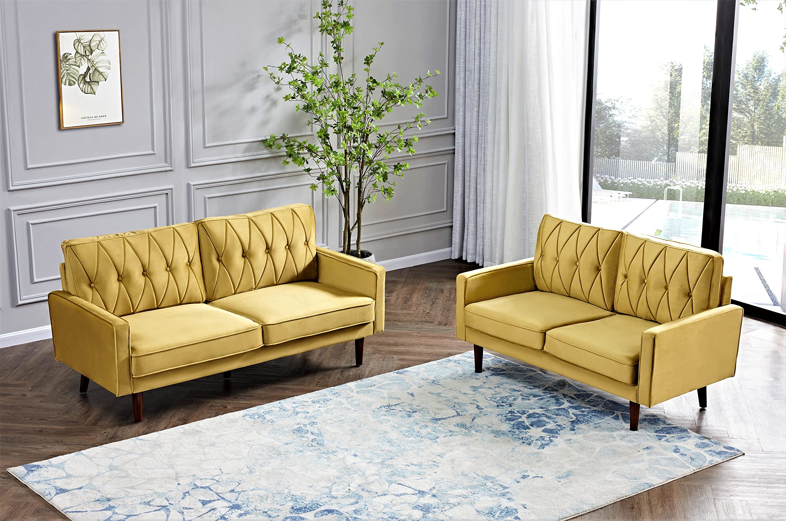 Container Furniture Modern Style Tufted Velvet Couch for Living Room with Soft Fabric Upholstery and Solid Wood Frame, 57.5'' Wide Loveseat, Yellow Green