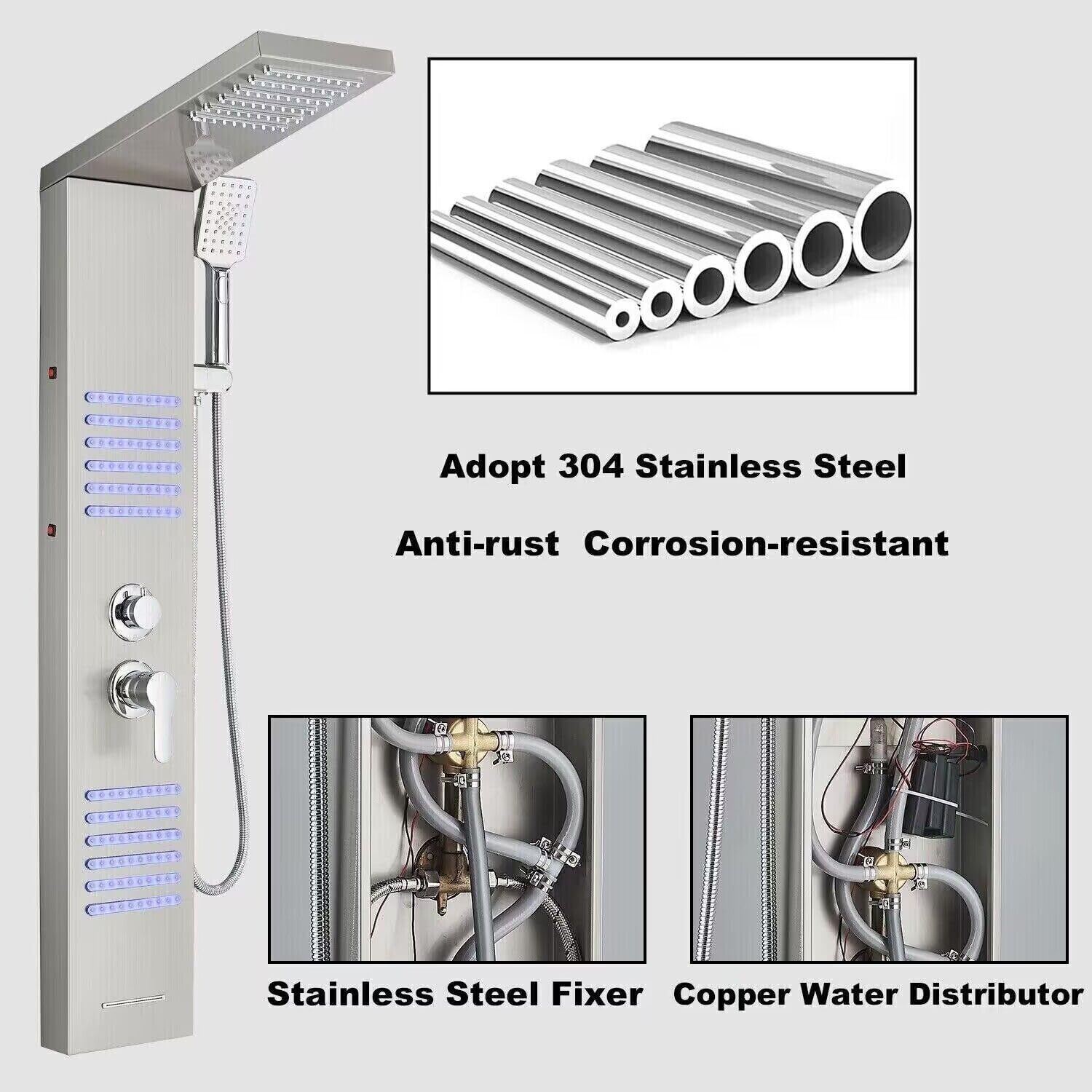 AlenArt Shower Panel Tower System LED Multi-Function Shower Tower Faucet Rainfall Waterfall Shower Head with Massage Jets Stainless Steel Wall Mount in Bathroom,Brushed Nickel