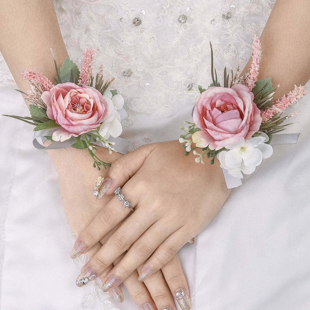 Campsis Set of 2 Wedding Bridal Handmade Flower Wrist Corsage Pink Ribbon Leaves Bride Wristlet Bridal Bridesmaid Hand Flower Prom Party Beach Photography