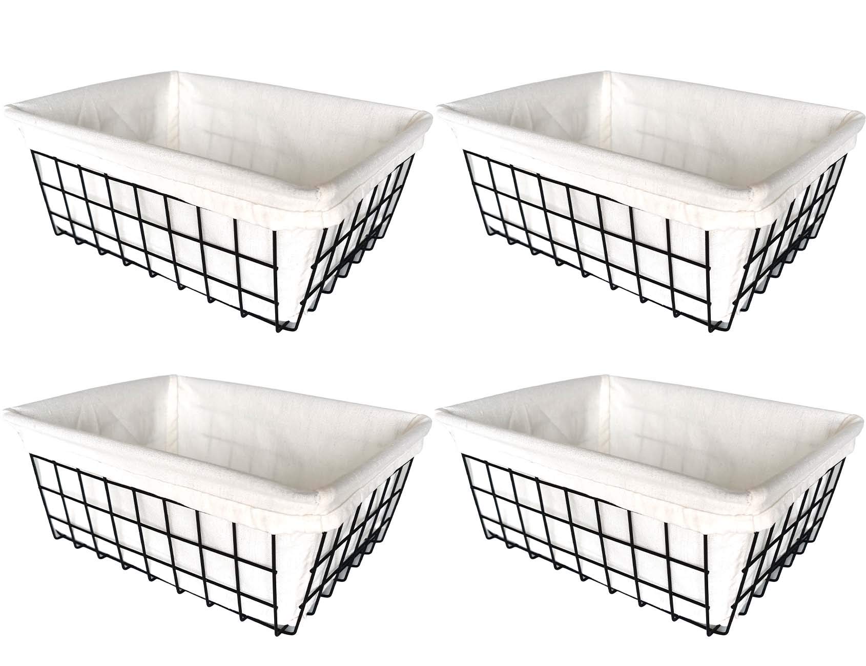 Wire Storage Baskets, 4 Pack Metal Household Organizer with 4 Pcs Fabric Liners, Refrigerator Bin with Handles, for Pantry, Shelf, Freezer, Kitchen Cabinet, Bathroom, Countertop, Closets (Black)