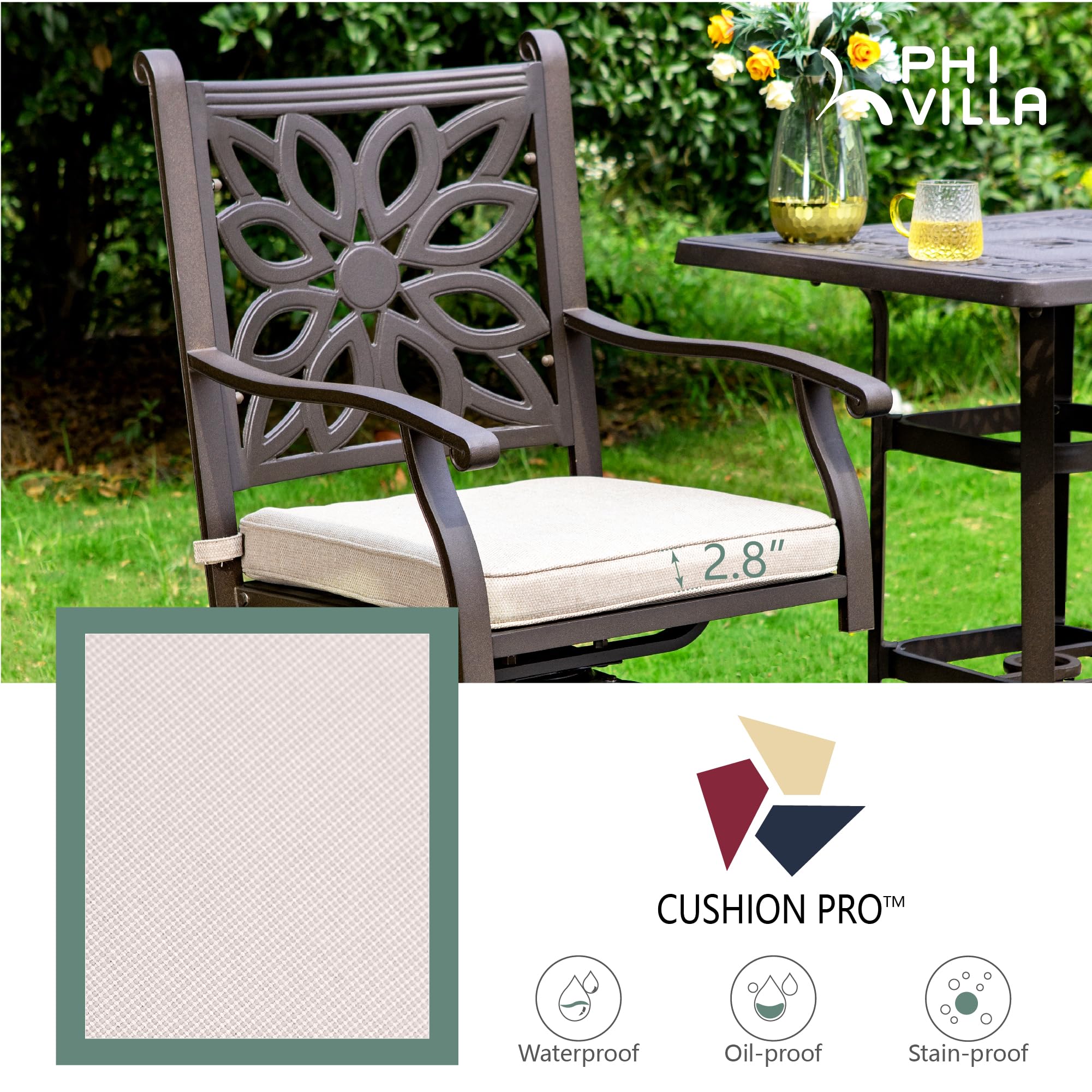 PHI VILLA Outdoor Swivel Bar Stools, Cast Aluminum Patio Pub Height Swivel Arms Chairs with Seat Cushion, Set of 4 Easy Assemble
