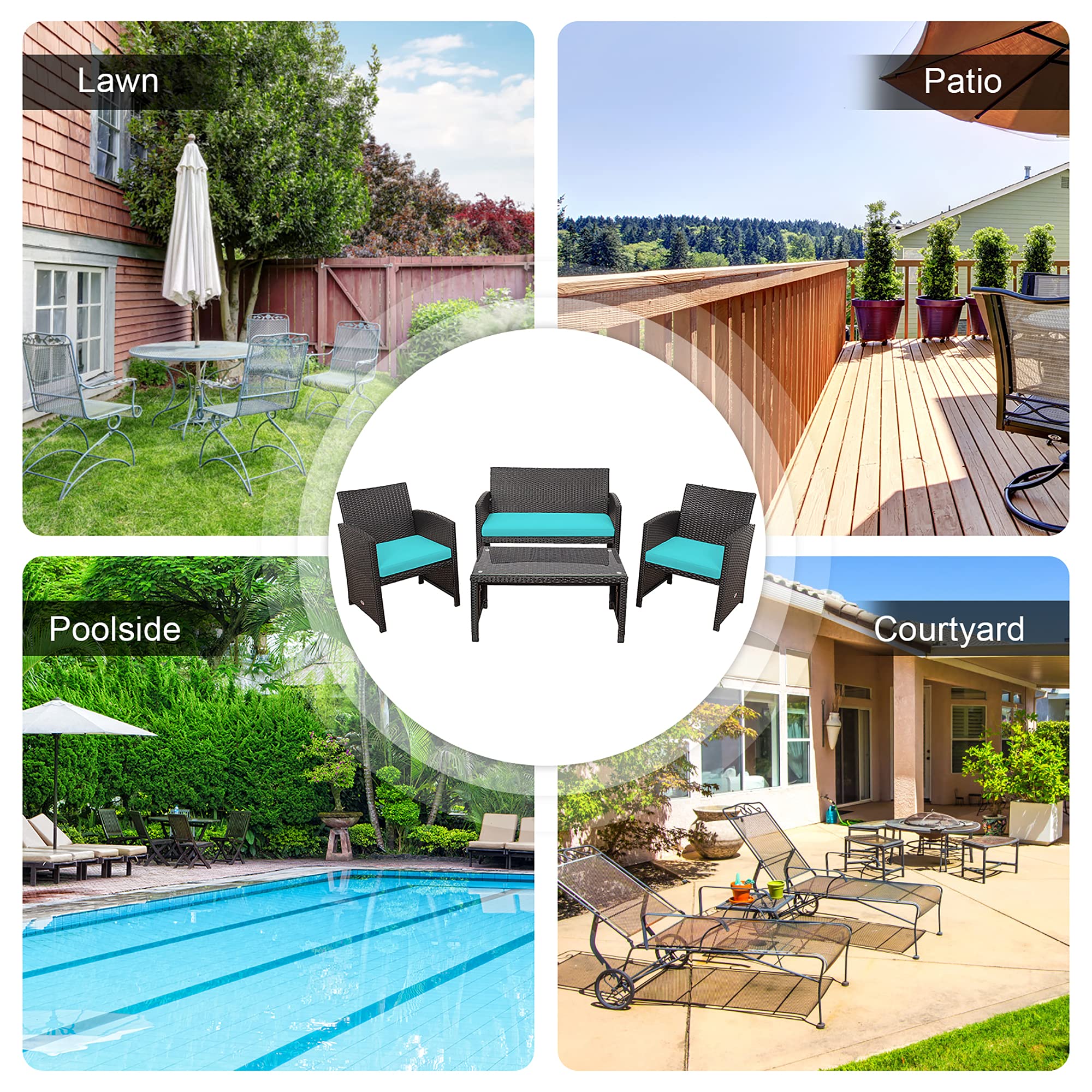 DORTALA 4 Pieces Wicker Patio Furniture Set, Outdoor PE Rattan Conversation Set with Chairs, Loveseat, Coffee Table, Cushions for Poolside, Turquoise
