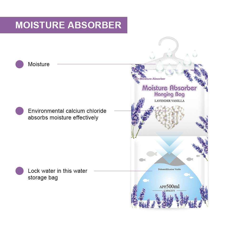CANAGER Hanging Moisture Absorber, Lavender Vanilla Moistureproof Hanging Bag，Dehumidifier Bag (8 packs) Hanging Closet Dehumidifier Bags, Moisture Absorb 12.5 oz