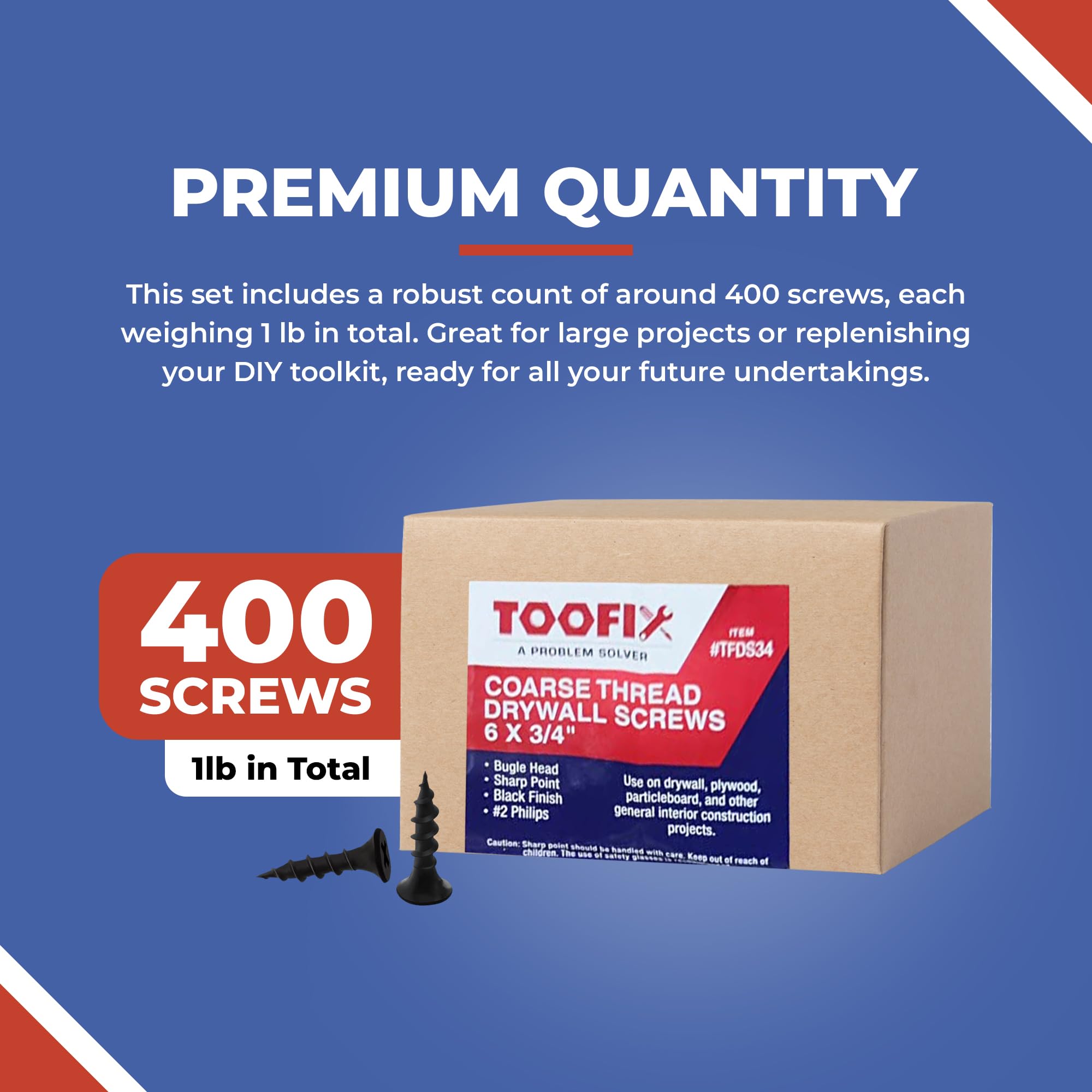 Toofix 3/4 Inch N.6 Coarse Thread Drywall Screw, Sharp Point, Black, 2 Bugle Head Phillips Drive, 1 Lb. Ideal Screw for Drywall Sheetrock, Wood, and More, 400 Screws