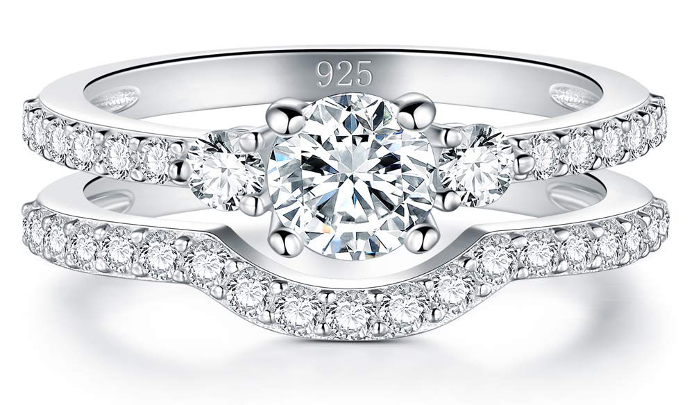 BORUO 925 Sterling Silver Ring, Cubic Zirconia CZ 2pc Wedding Band Stackable Ring Set Size 7