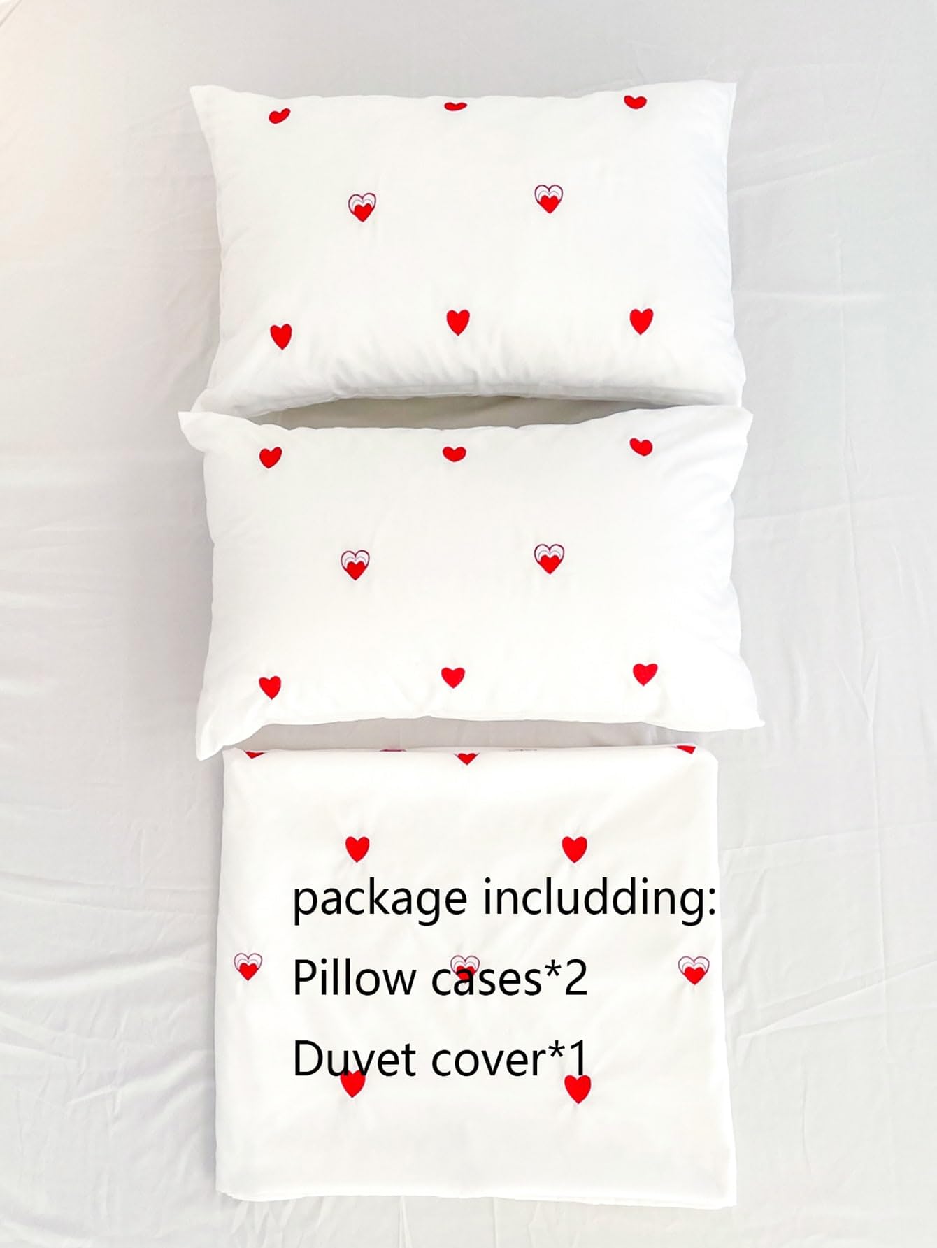 QWINEE 3Pcs Heart Embroidered Duvet Covers Sets Soft 3 Pieces Farmhouse Bedding Set with 1 Comforter Cover and 2 Pillowcases for All Season Rustic Lightweight White A Full