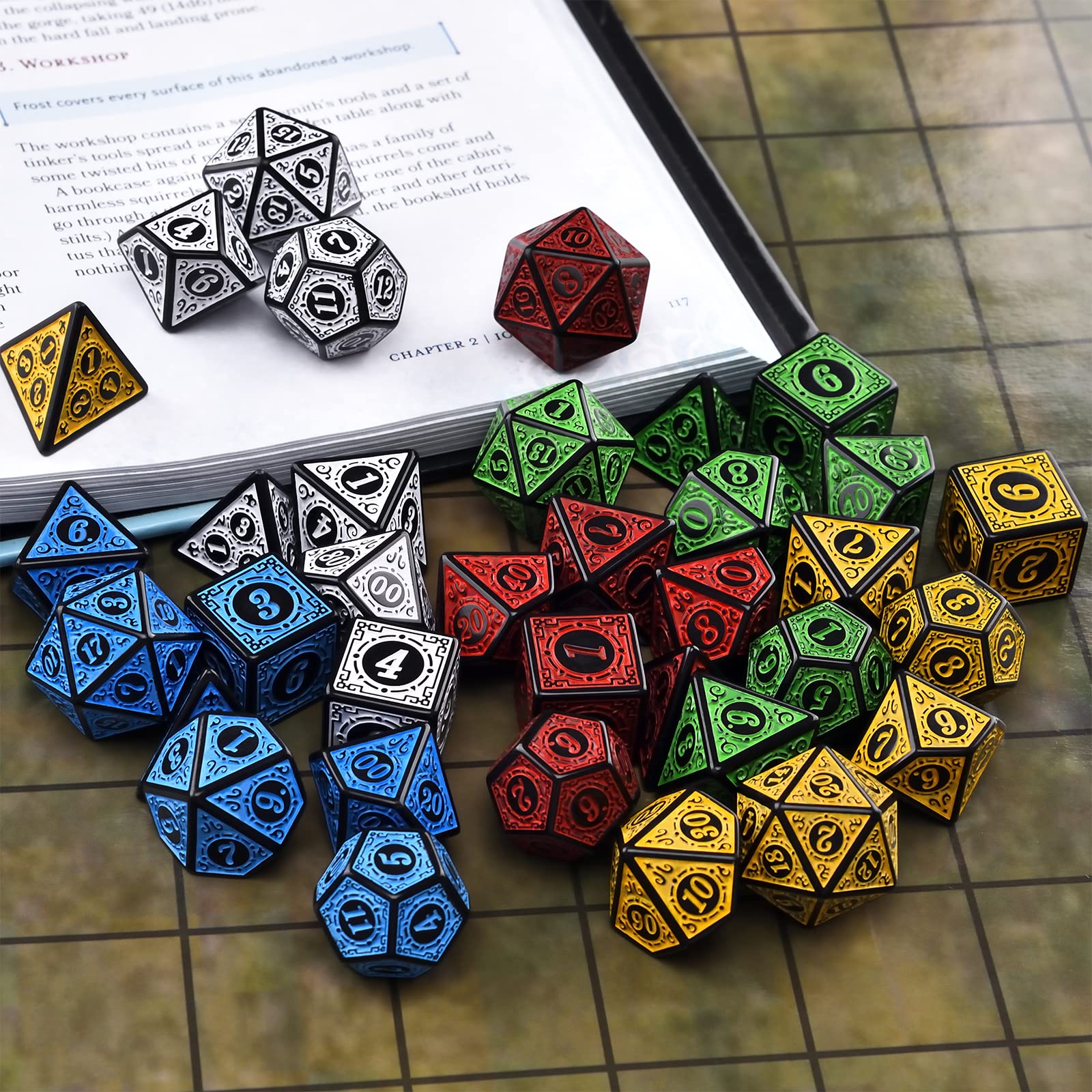 Amiven Polyhedral Engraved Dice 6 X 7-Die (42pcs) with a Bag for Tabletop Games