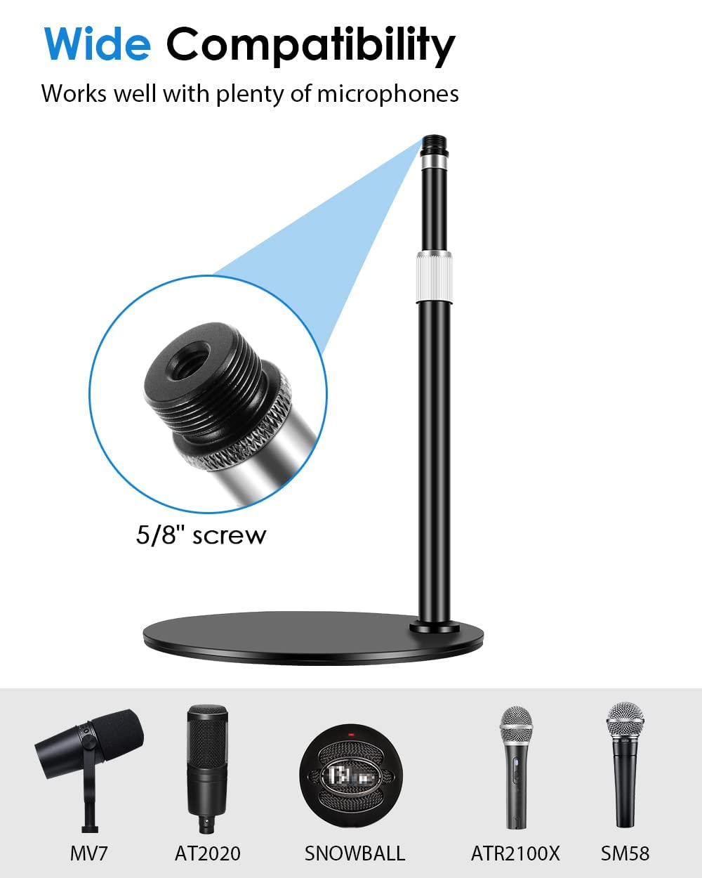 Etour Desk Microphone Stand, Upgraded Adjustable desktop Mic Stand with Mic Clip,5/8" Male Screw for Blue Yeti SM58 SM48 PGA48 AT2020, ATR2100x-USB Samson Q2U Other Microphone