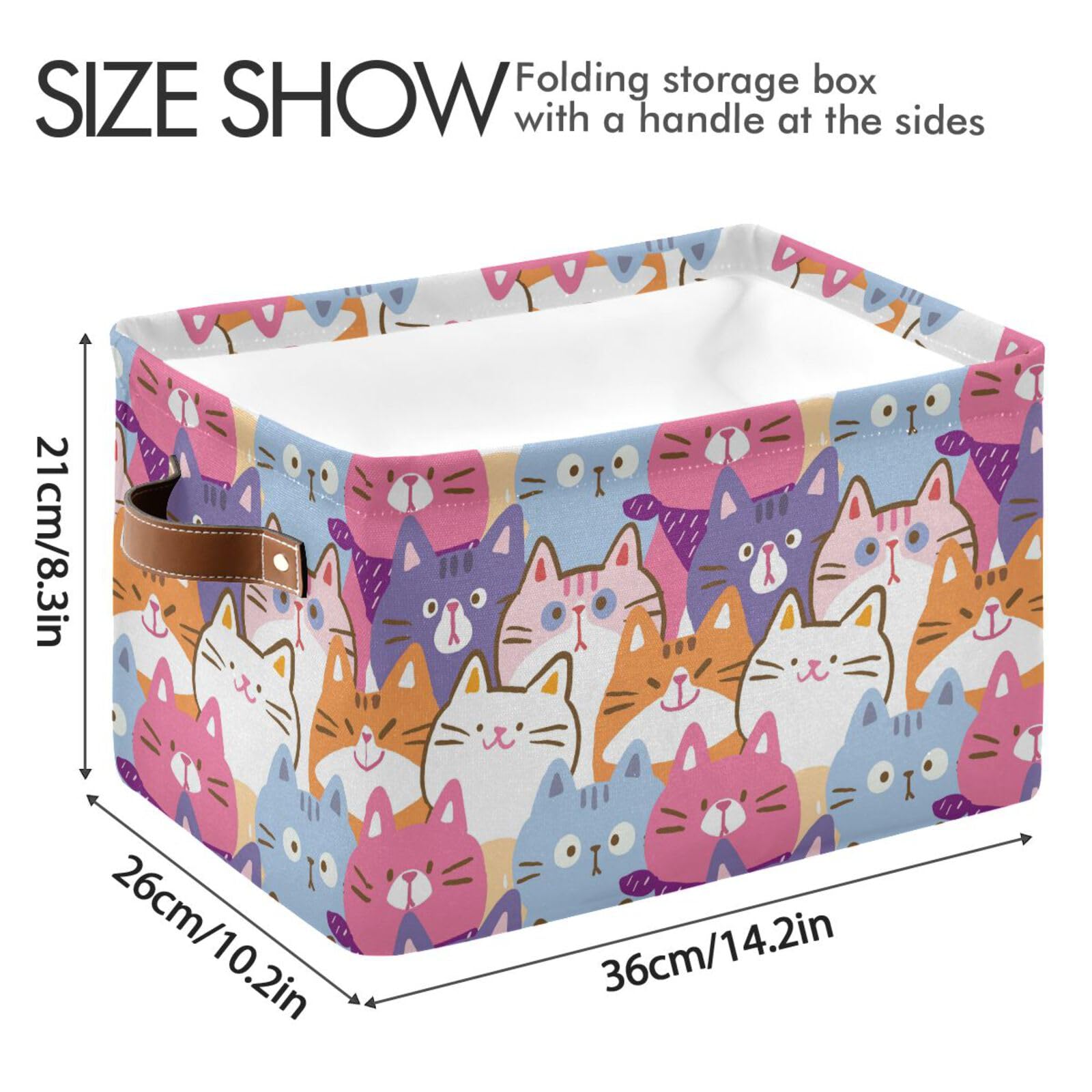 Cartoon Cat Large Storage Basket Cube Storage Bin Canvas Fabric Organizer Handles Collapsible Decorative for Clothes Toys Bedroom