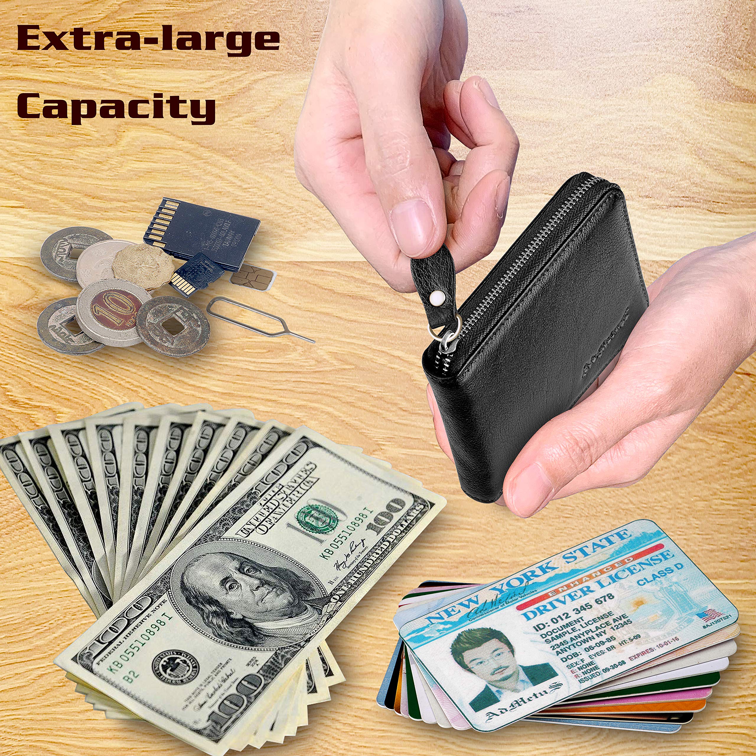 Admetus Men's Zipper Wallet Leather Bifold Wallets Slim RFID Blocking Zip Around Credit Card Holder Compact Small Wallet 2Black