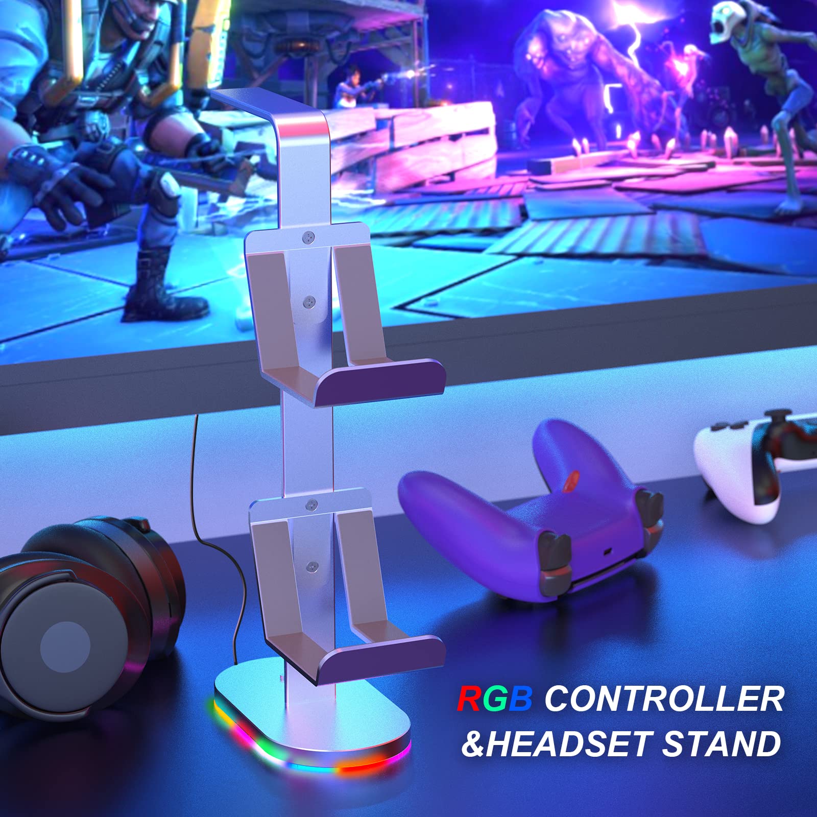 AUGEX Controller Holder, Game Controller Rack RGB Gaming Headset Stand for Xbox Series X S/Xbox one / PS5 / PS4 / Switch/Headset, Aluminum Metal Mount Universal Organizer for Game Accessories