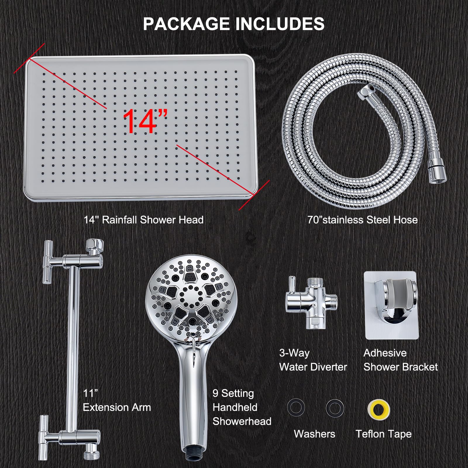 BSTKEECL 14”High Pressure Rain Shower Heads with Handheld Spray with Long Hoes Combo Rainfall Showerhead with 9Shower Water Sprayer Modes & Adjustable Extension Arm CP