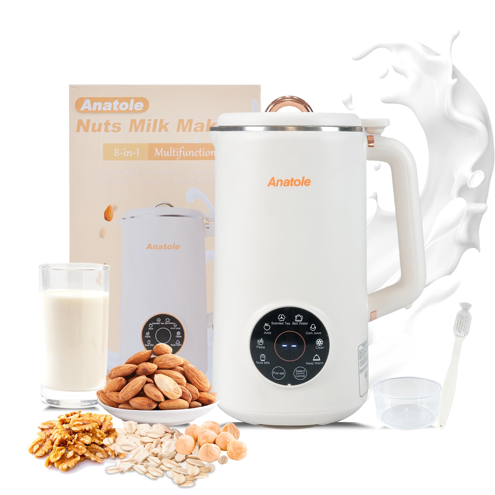 Anatole Nut Milk Maker 24oz 700ml Almond Milk Machine 8-In-1 Multifunctional Soy Oat Plant-Based Milk Blender Homemade Dairy-Free Juice Paste with 10 Stainless Steel Blades 12 Hours Timer Recipes