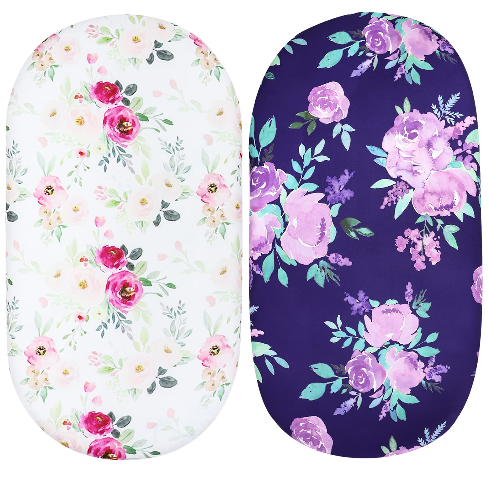 Bassinet Sheet for Baby Girls, 2PACK Stretch Ultra Soft Fitted, Universal Cradle Sheet Set for Rectangle, Oval, or Hourglass Bassinet Pad/Mattres, Purlple Flower