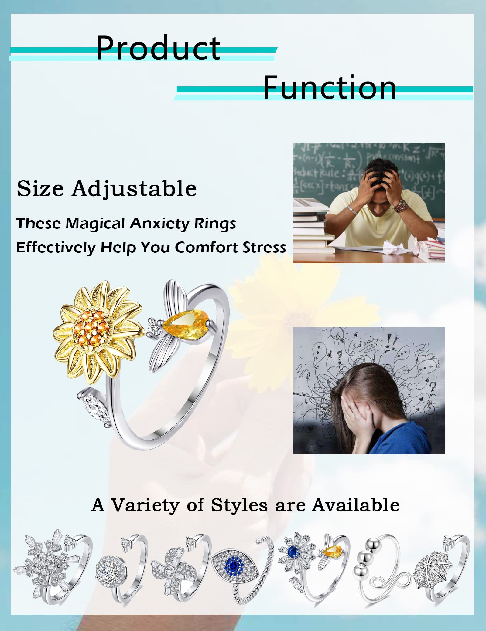 Akeoqi Fidget Anxiety Rings Rotatable Stress Relief Bead Ring Size Adjustable Open Design Ring Spinner Fidget Ring Inlaid Cubic Zirconia Round CZ Shape Ring Jewelry for Women Gifts