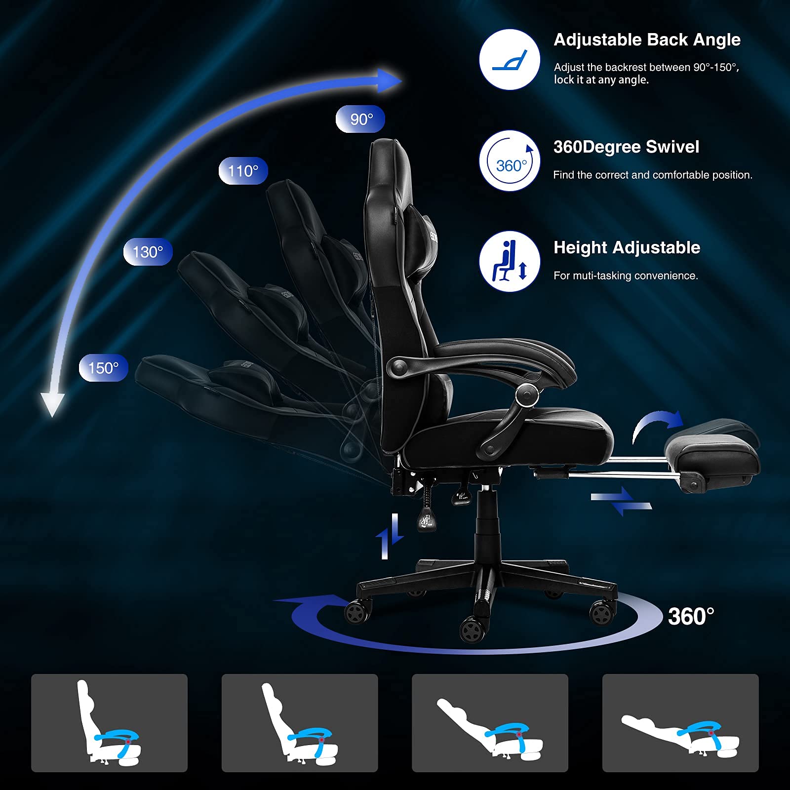 ELECWISH Gaming Chair, Reclining Computer Chair with Footrest and Lumbar Support, High Back Ergonomic Gamer Chair for Adults, Gaming Desk Chair with Headrest PU Leather
