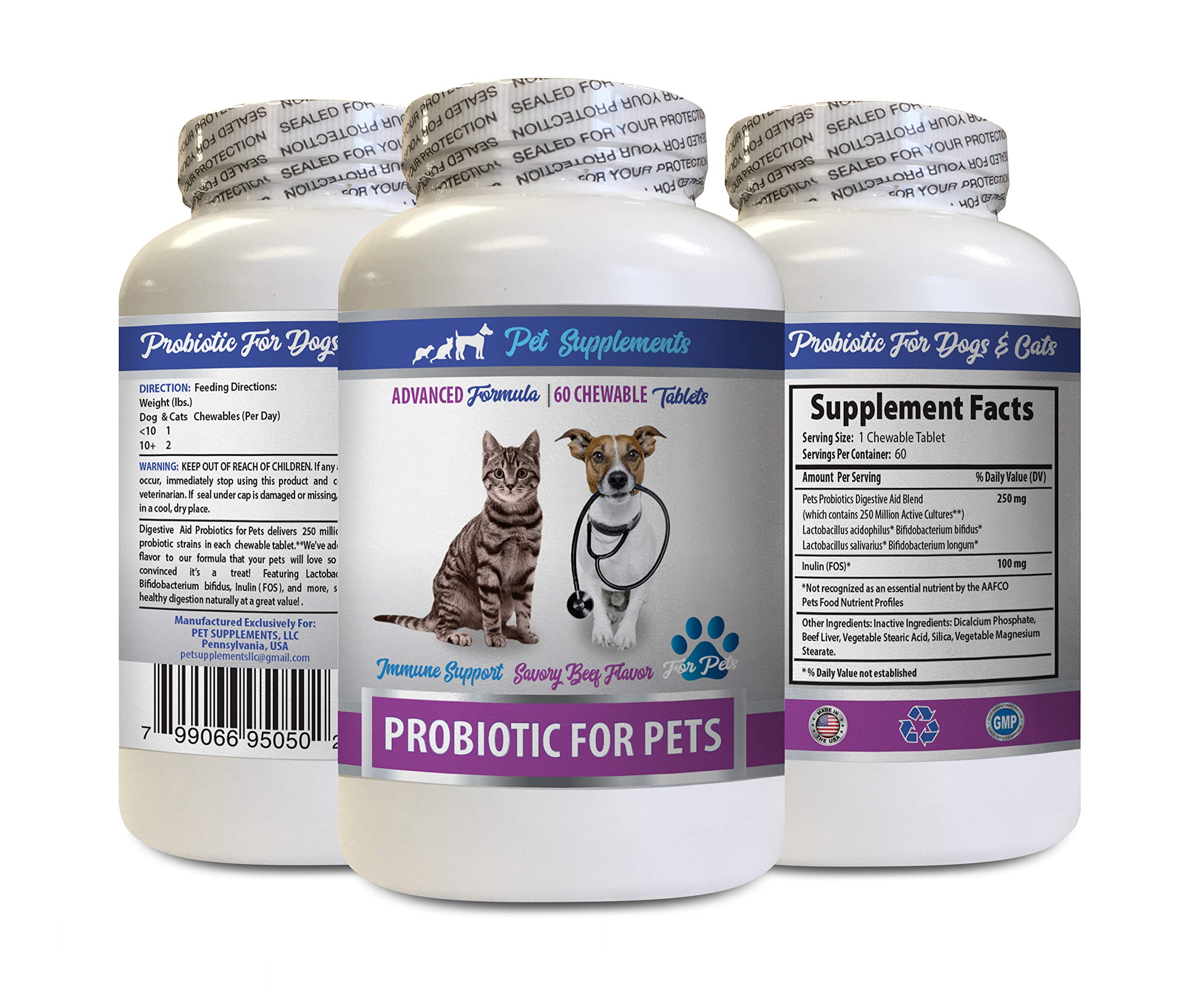 cat Diarrhea Treatment - PROBIOTICS for Pets - Dogs Cats - Bad Gas and Breath Treats - Advanced Immune Boost - cat probiotics for Vomiting - 1 Bottle (60 Treats)
