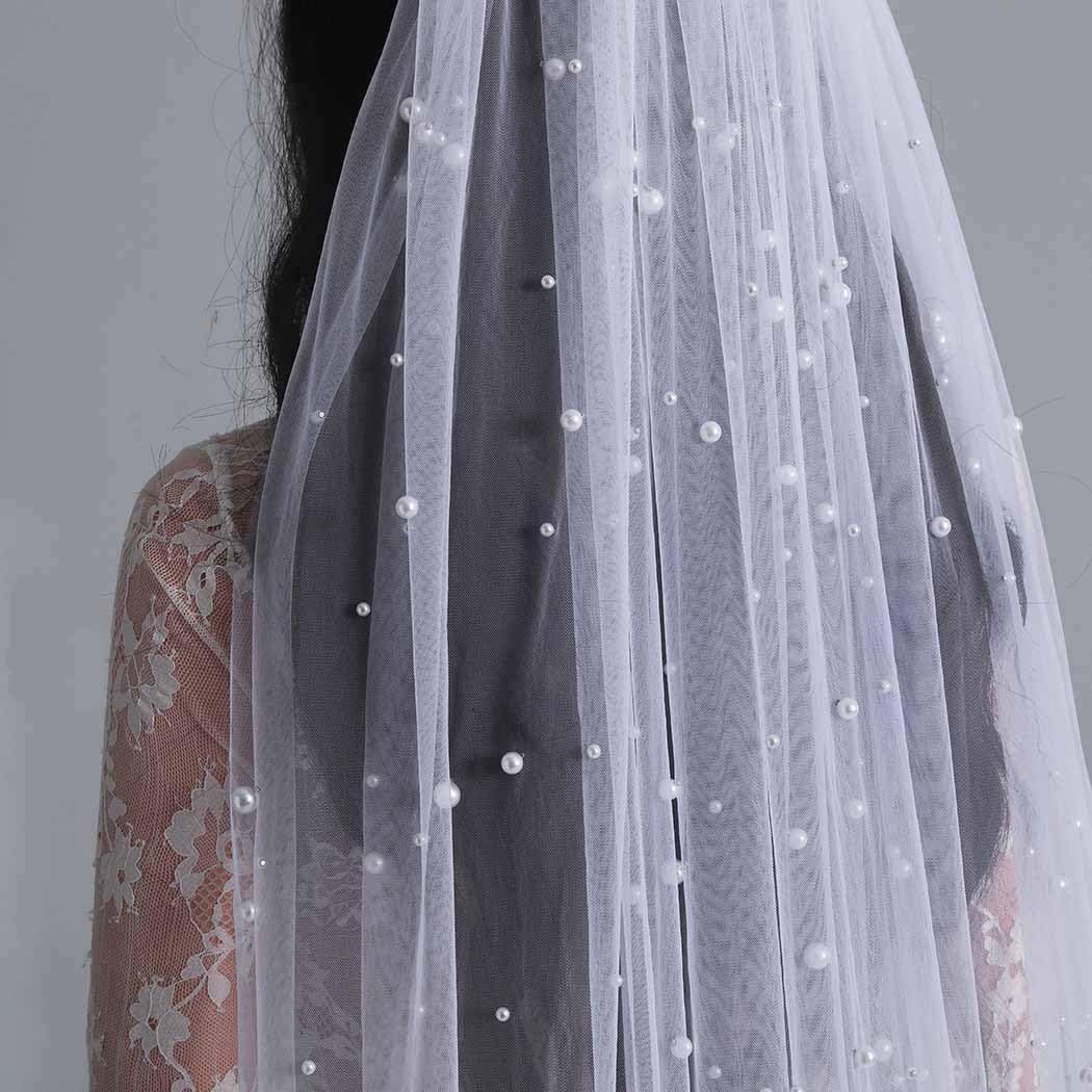 Aularso 118'' Cathedral Wedding Veil Pearl Bridal Veils Long Veil with Comb 2Tier Short Veil for Brides (White-118 * 59in(cathedral))