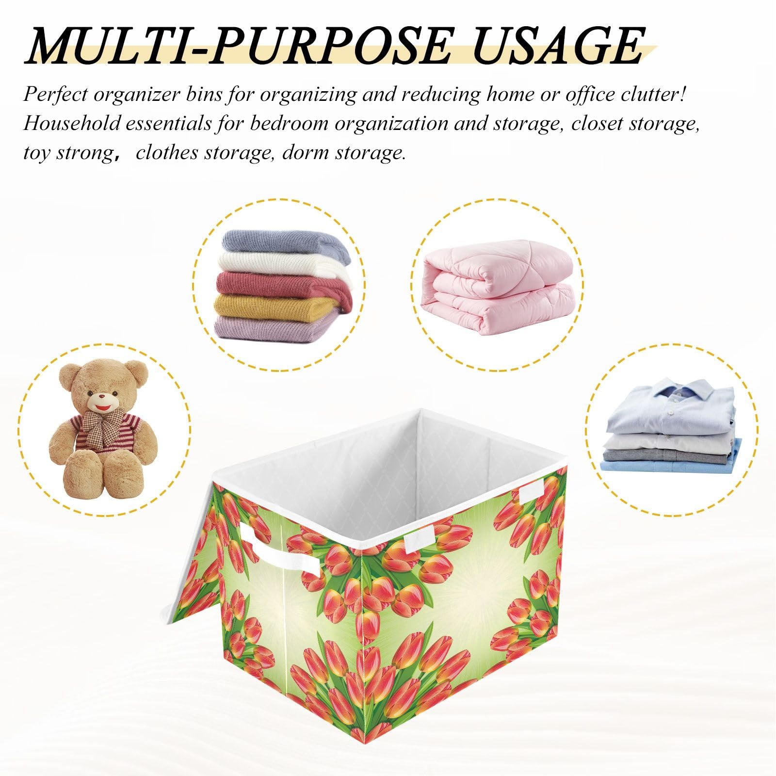 senya Large Collapsible Storage Bins with Lids, Spring Tulip Flowers Storage Baskets Organizer Containers with Handles for Nursery Clothes Toys