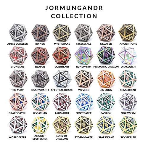 HEIMDALLR Metal DND Dice Set 7 pcs - Dragonhide Design, 16mm Size, Logo on D20; Metal Dice Set & Dice Box; D&D Dice Set D&D (Dungeons and Dragons Dice Set) - Jormungandr Series (Stonetail)