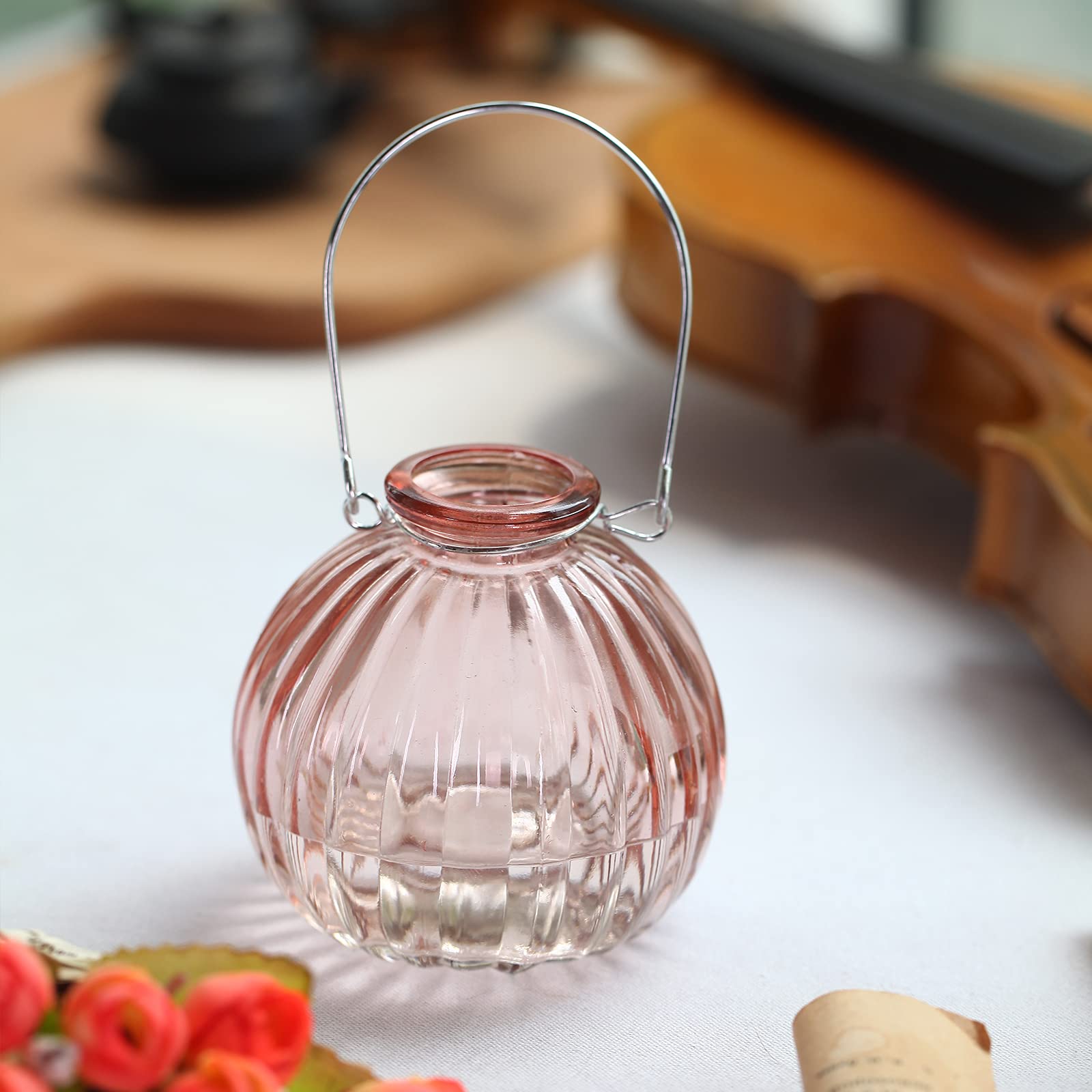 ELEGANTTIME Single Glass Bud Vase Pink Glass Vases for Centerpieces Decor Glass Flower Vase Bottle with Crok Wire Iron Handle Design for Cafes, Office Table, Home and Garden