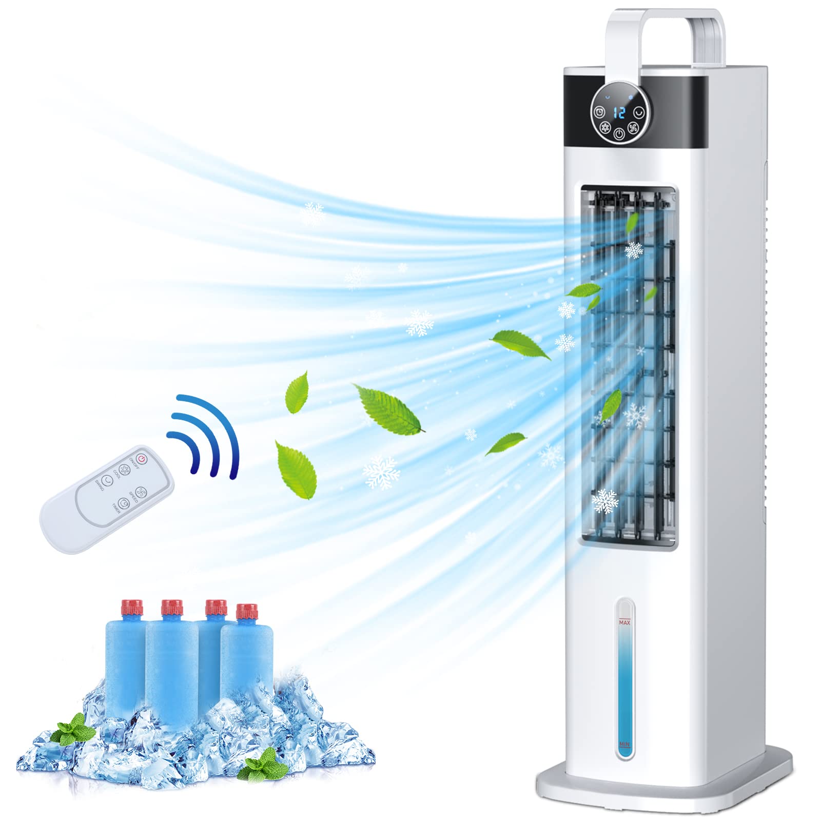 Evaporative Air Cooler, Portable Air Conditioner Fan, 35'' Evaporative Cooler with 3 Speeds & 52°Oscillation, 12-H Timer Remote Control Swamp Cooler w/Cooling Function for Home & Office