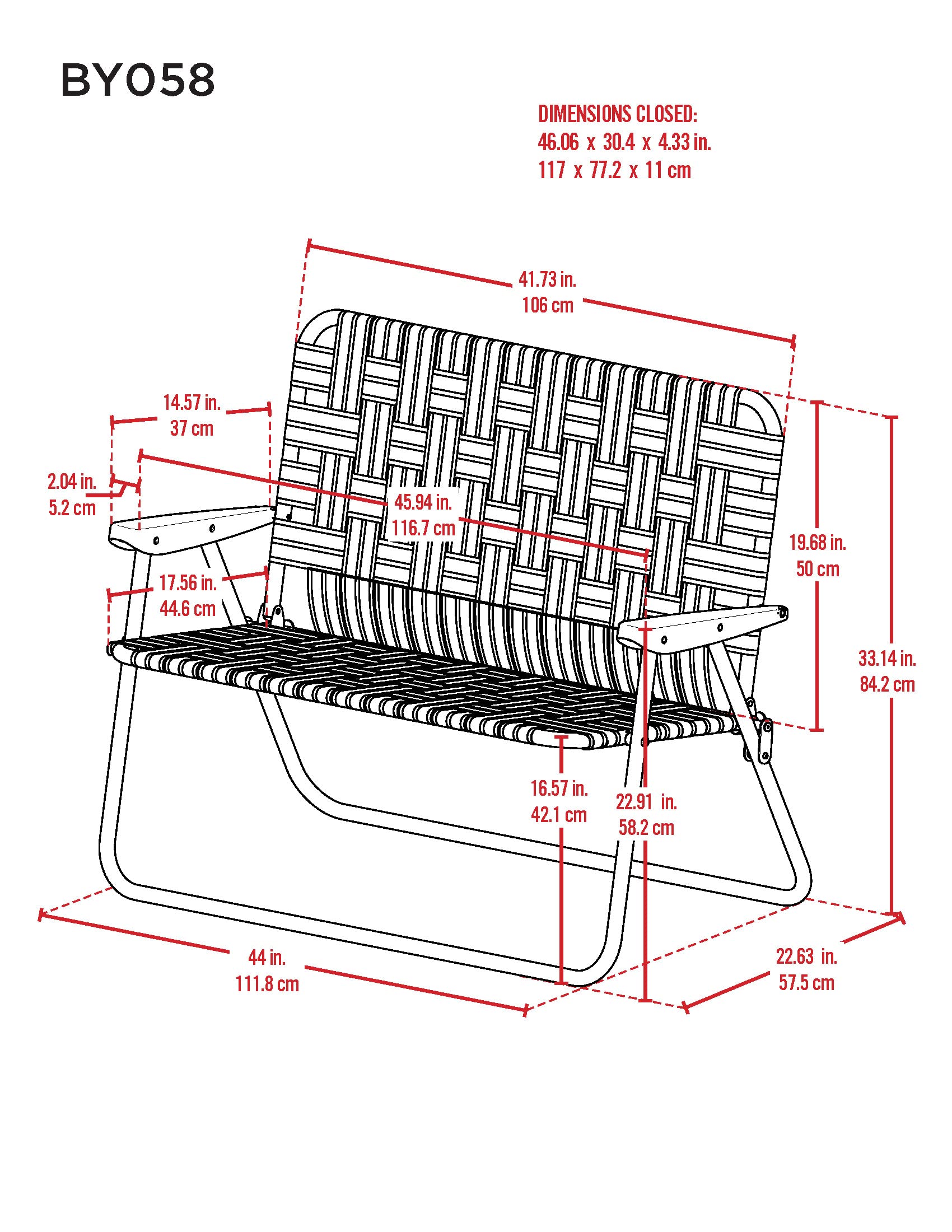 CAMP & GO High Seat Outdoor Double Wide Loveseat Web Folding Chair, Grey, 45.94" W x 22.63" D x 33.14" H