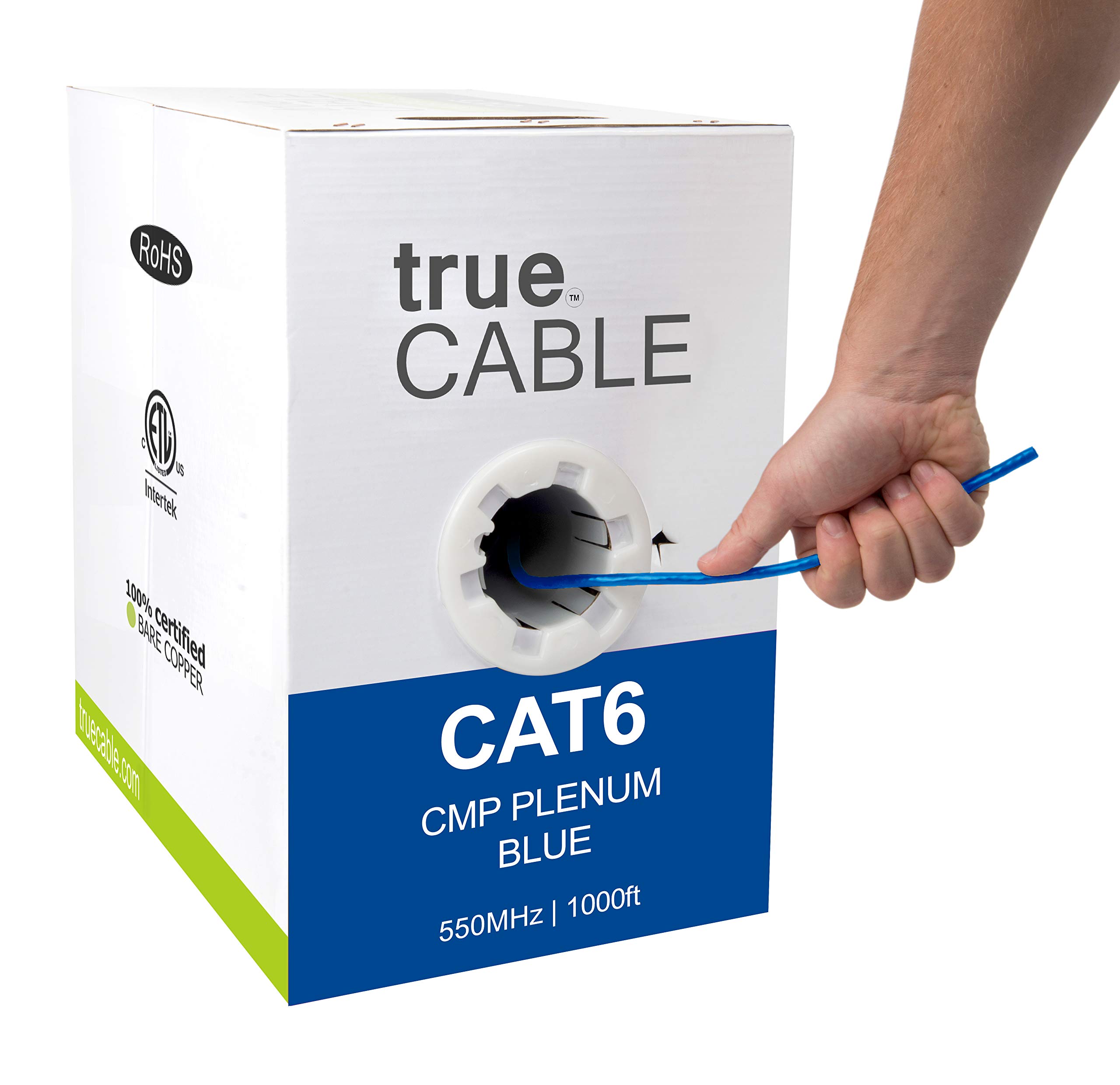 trueCABLE Cat6 Plenum (CMP), 1000ft, Blue, 23AWG 4 Pair Solid Bare Copper, 550MHz, PoE++ (4PPoE), ETL Listed, Unshielded Twisted Pair (UTP), Bulk Ethernet Cable