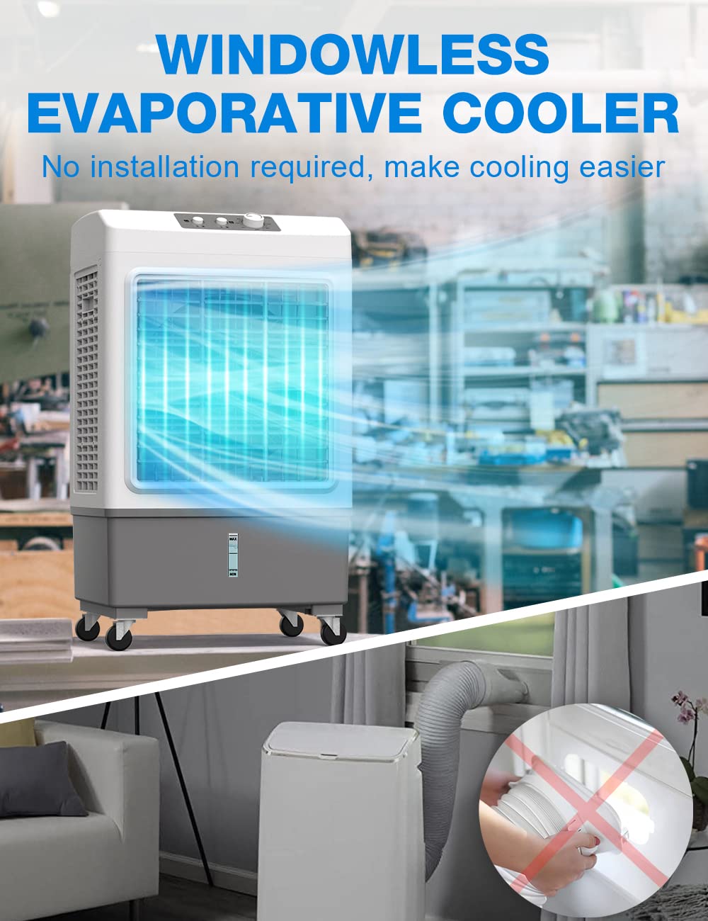 Evaporative Cooler - AOLOS Windowless Air Conditioner w/ 3 Speeds, Swamp Cooler for Cooling Up to 700 Sq.ft, 5 Gallon Tank & 4 Ice Packs, 60° Swing, Evaporative Air Cooler for Backyard Garage Outdoor