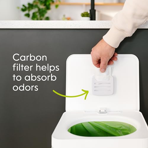 Compost Genie Kitchen Compost Bin, White Stainless-Steel Large, 3.6 Gallon, Indoor Odorless Composting, Hands-Free, Washable Parts, Includes 8 Tear-Off Compostable Bags and 4 Carbon Filters