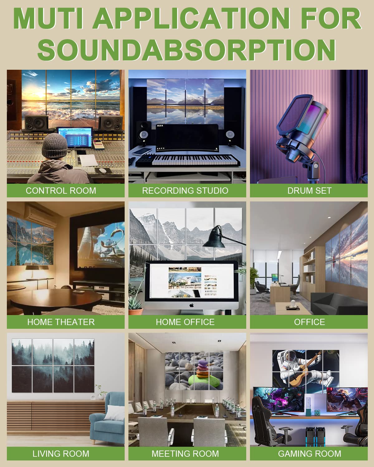 Evenreach Art Acoustic Panels, 48"X32" Self-adhesive Sound Proof Panels For walls, 8 Pack Decorative Sound Absorbing Panels for Home Office (Beach)
