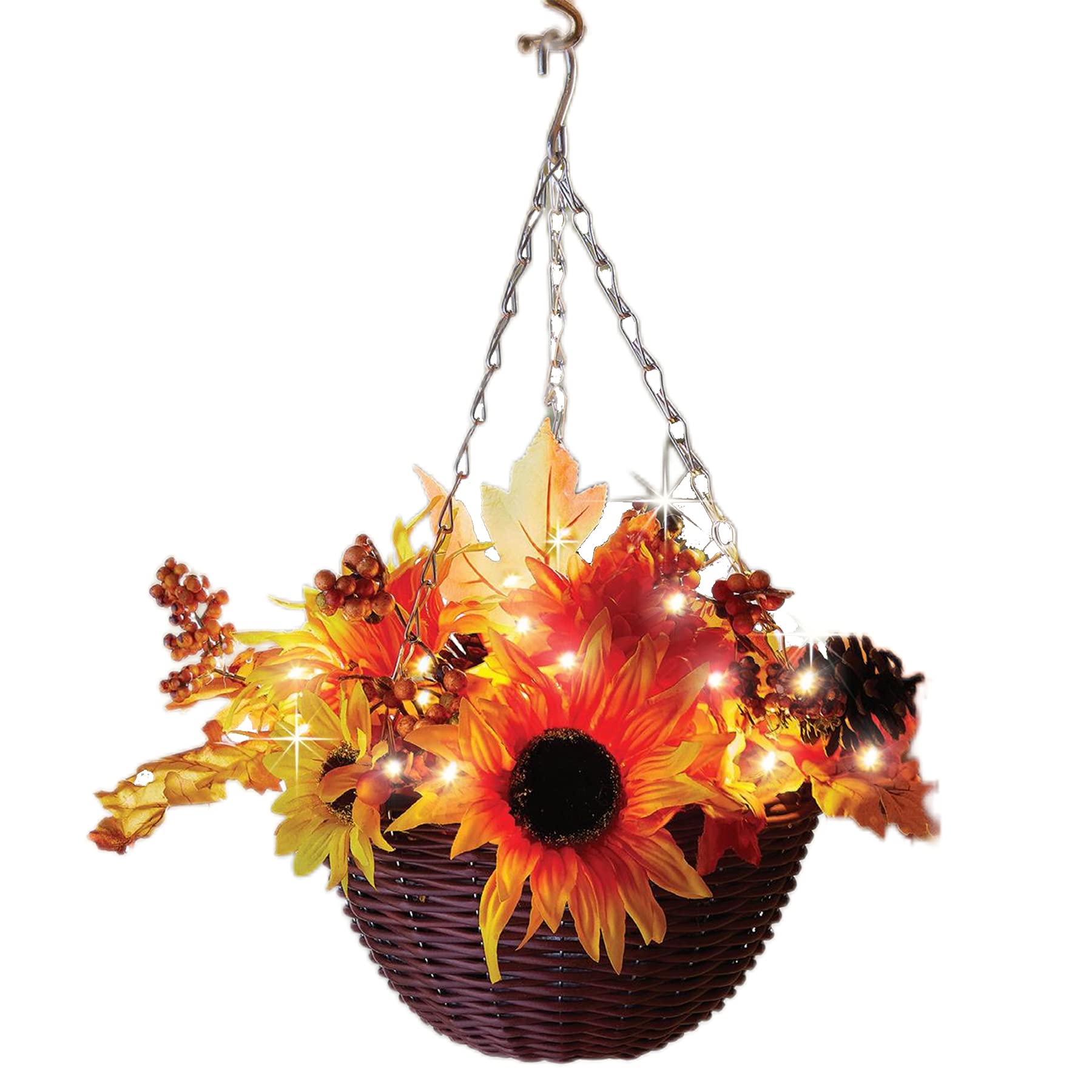 ELFENGARDEN Sunflower Hanging Basket Decorative Indoor Outdoor - Basket with Artificial Daisy Hanging Plant for Living Room Home Office Garden - 10 LEDs Light Up Autumn Flower Hanging Basket