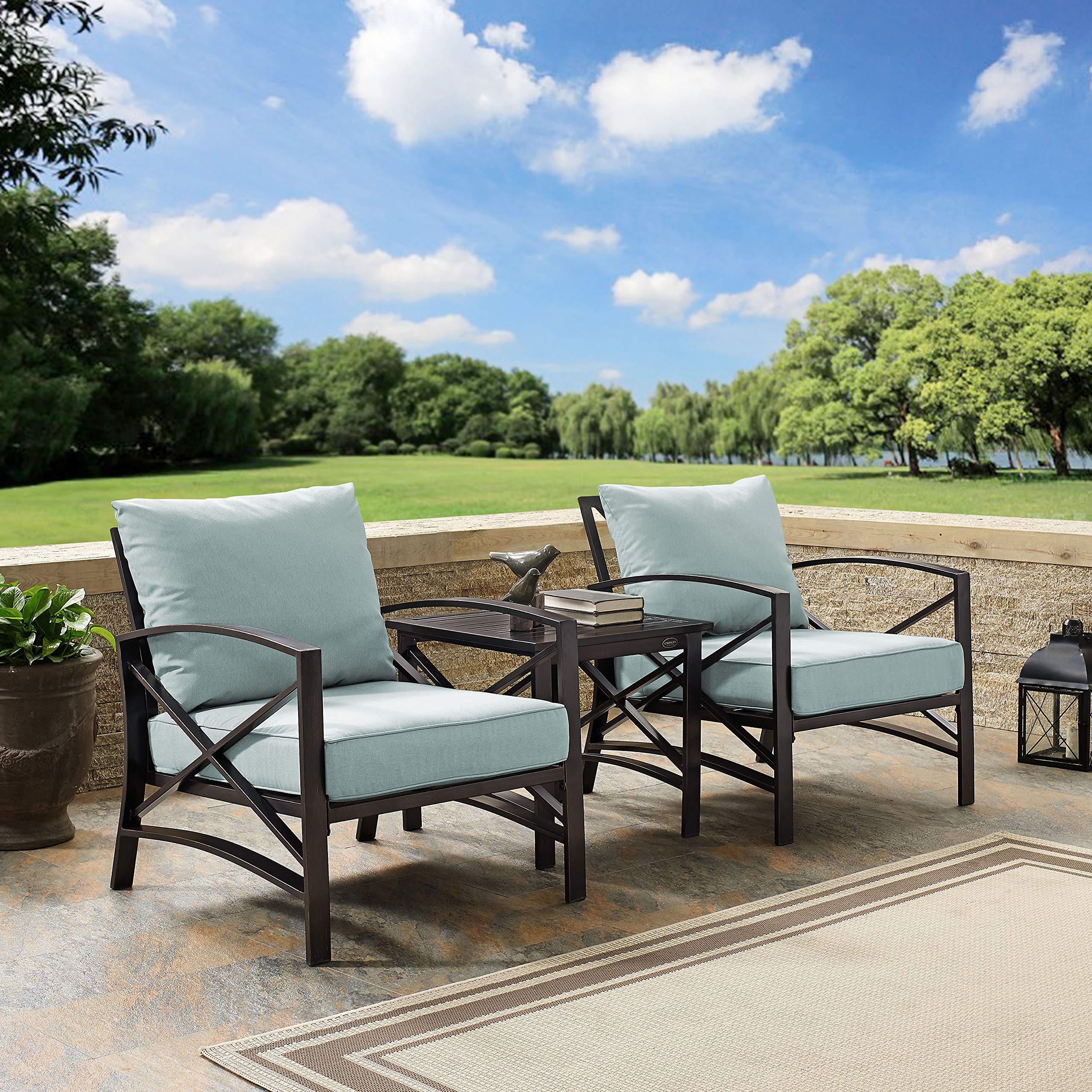 Crosley Furniture Kaplan 3-Piece Outdoor Chair and Side Table Set, Patio Conversation Sets for Porch, Deck, Oiled Bronze with Mist Cushions
